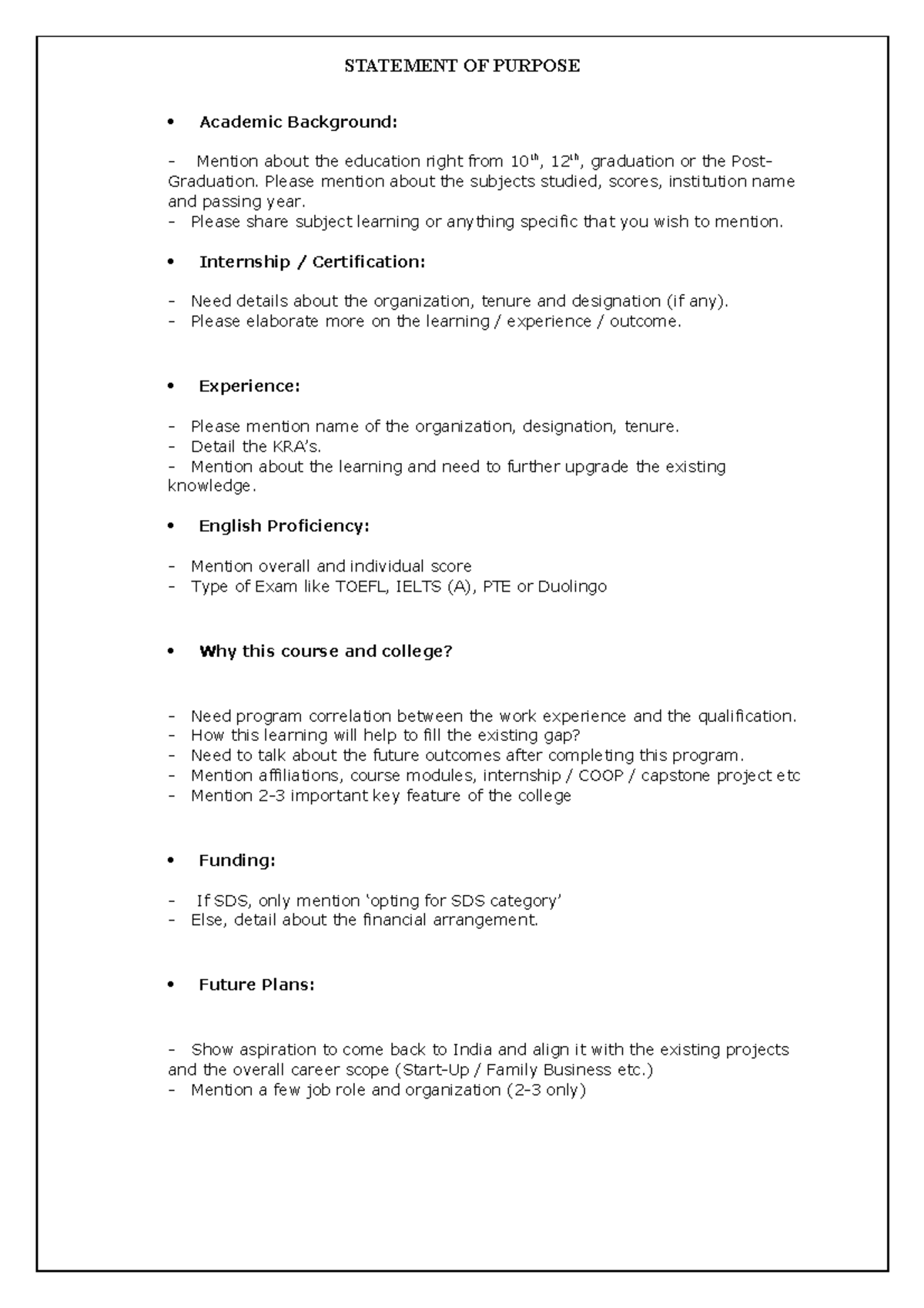 Canada SOP Guildlines - Grade: B - STATEMENT OF PURPOSE Academic ...