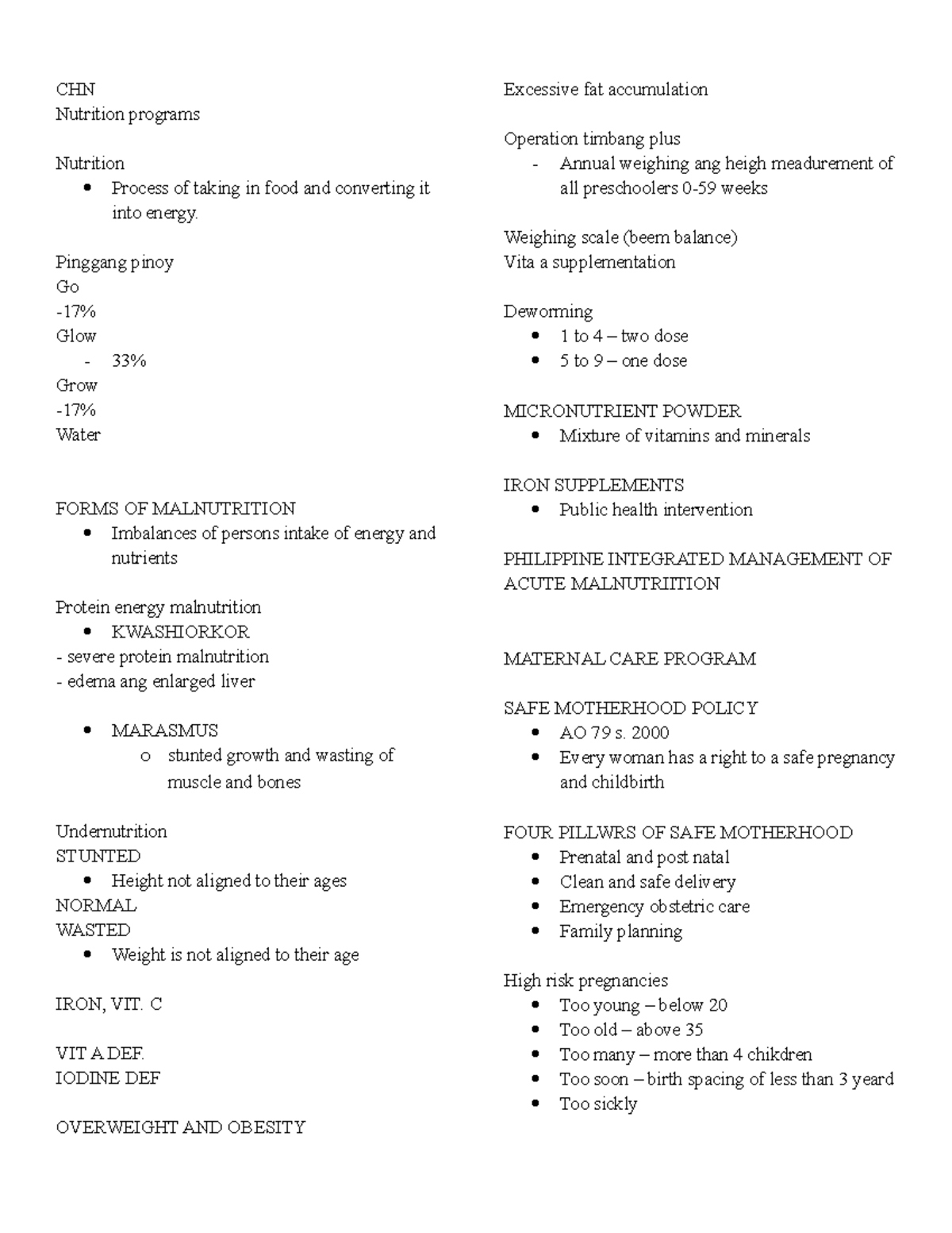 CHN - Notes - CHN Nutrition programs Nutrition Process of taking in ...