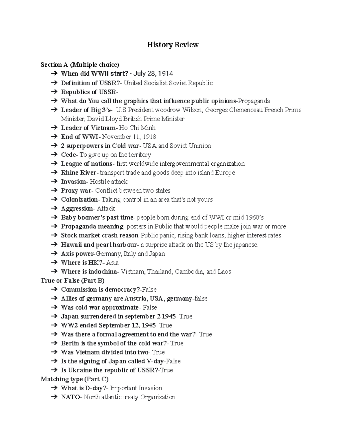 History exam review - History Review Section A (Multiple choice) When ...