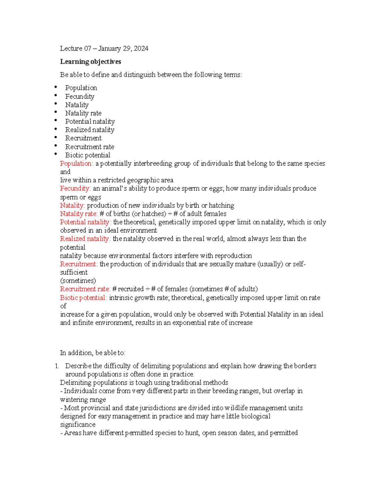Lecture 07 - outcomes - Lecture 07 – January 29, 2024 Learning ...