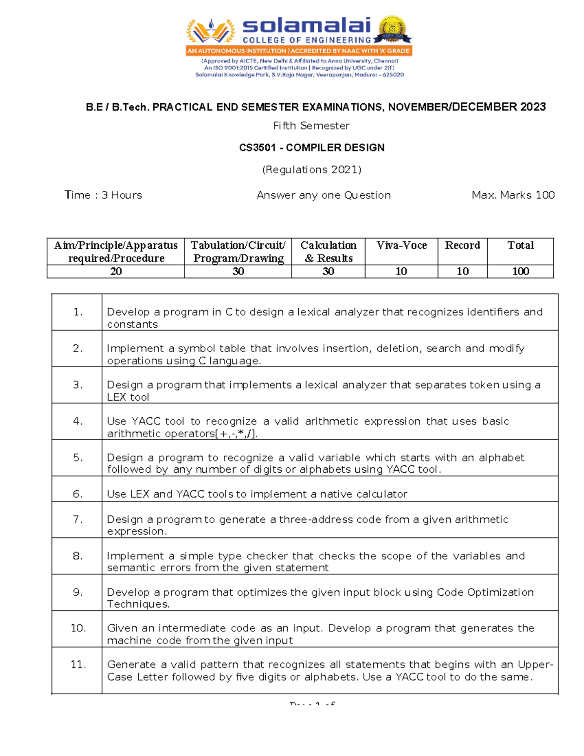 CS3501 SET1 - fdf - Page 1 of B / B. PRACTICAL END SEMESTER EXAMINATIONS, NOVEMBER/DECEMBER 2023 ...