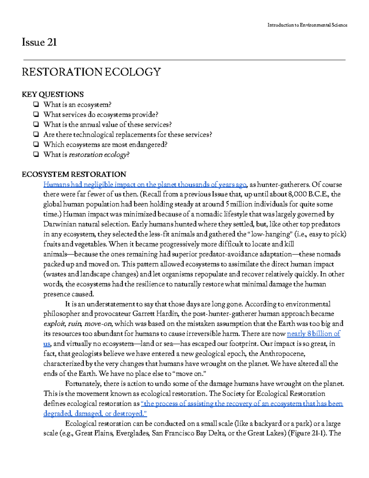 Issue 21 Restoration Ecology - Introduction to Environmental Science ... Issue 21 Restoration Ecology - Introduction to Environmental Science ...