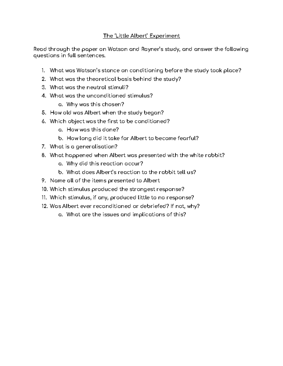 The ‘Little Albert’ Experiment - What was Watson’s stance on ...