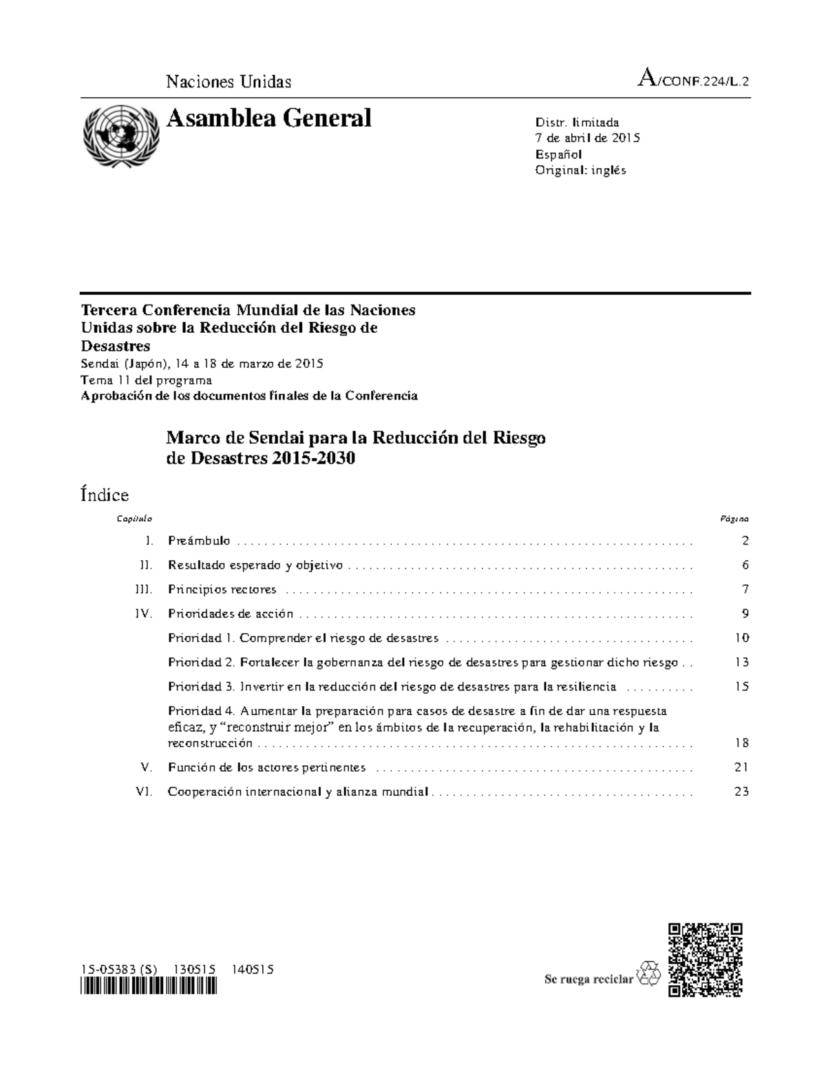 Marco de Sendai para la Reduccion del Riesgo de Desastres 2015 2030 ...