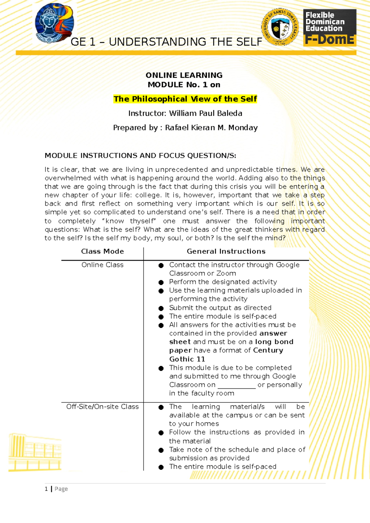 GE 1 Draft Module No. 1 - ONLINE LEARNING MODULE No. 1 on The Philosophical View of the Self ...