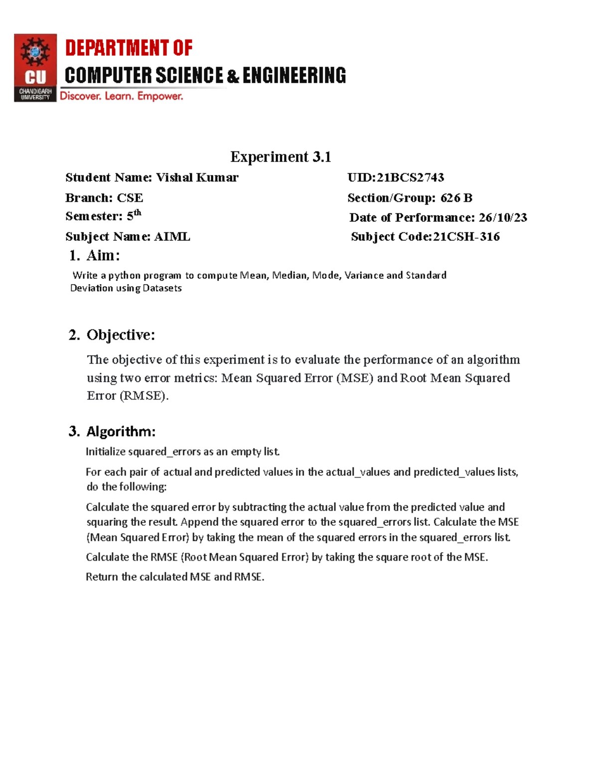 Aiml based project - DEPARTMENT OF COMPUTER SCIENCE & ENGINEERING Experiment 3. Student Name ...