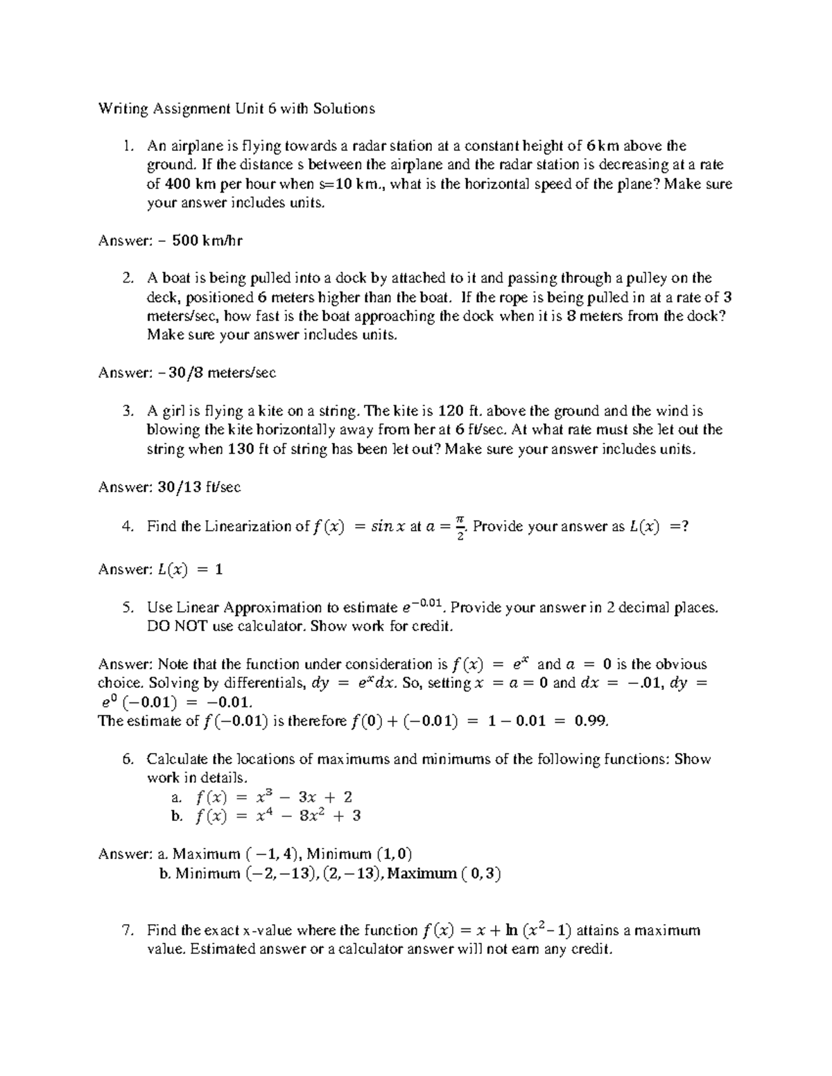Written Assignment unit 6- Solutions - Writing Assignment Unit 6 with Solutions 1. An airplane ...