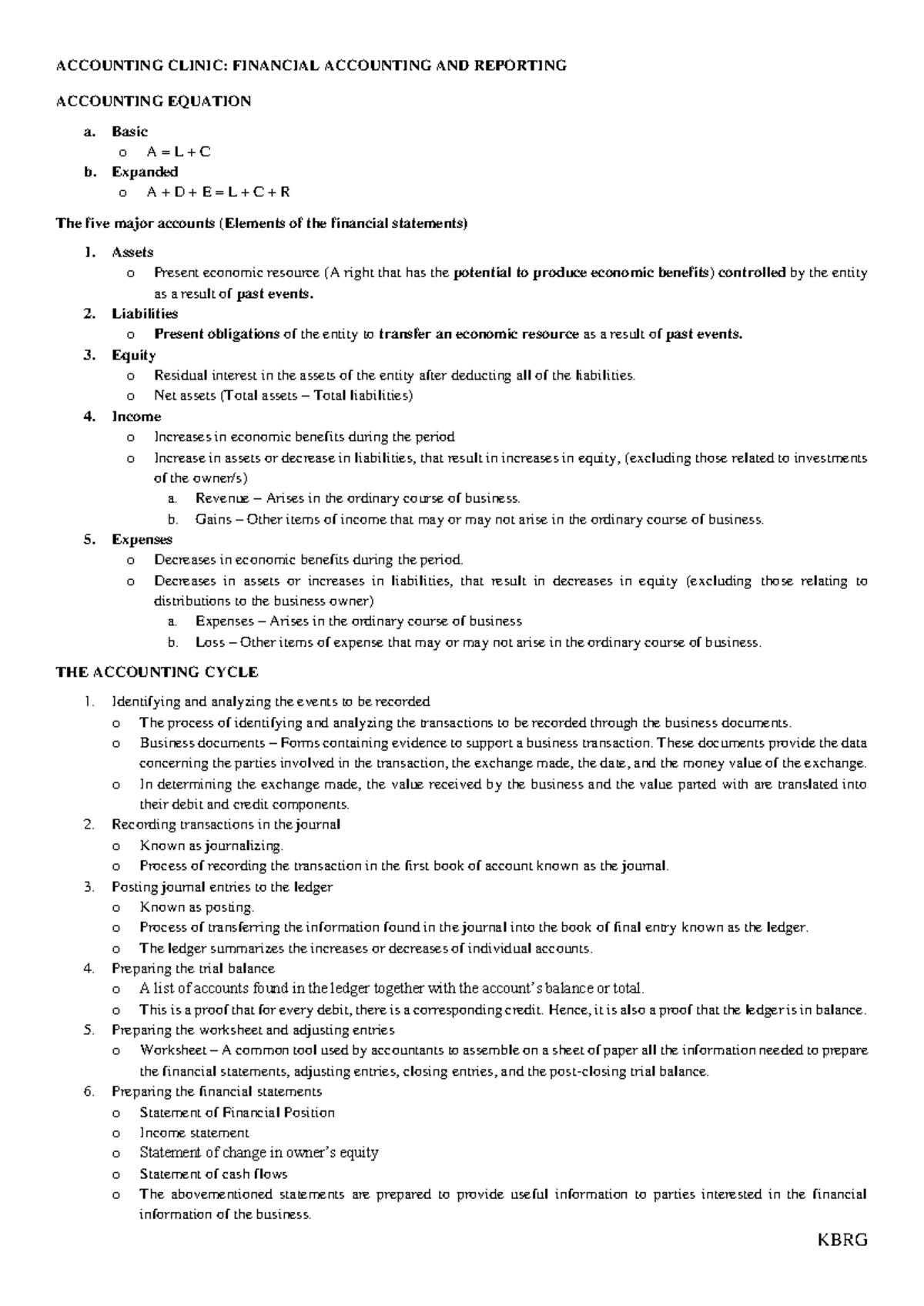 FAR Session 1 Accounting handout - ACCOUNTING EQUATION a. Basic o A = L ...