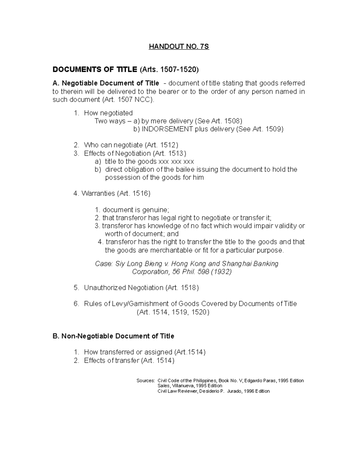 Handout No. 7S - This is a lecture in Law - HANDOUT NO. 7S DOCUMENTS OF ...