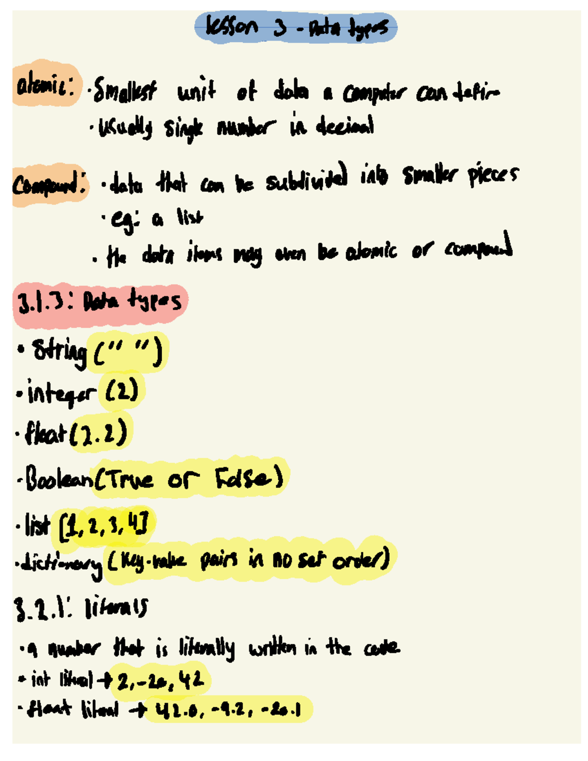 CS lesson 3 - Notes on course topics - lesson J. Data types atomic ...