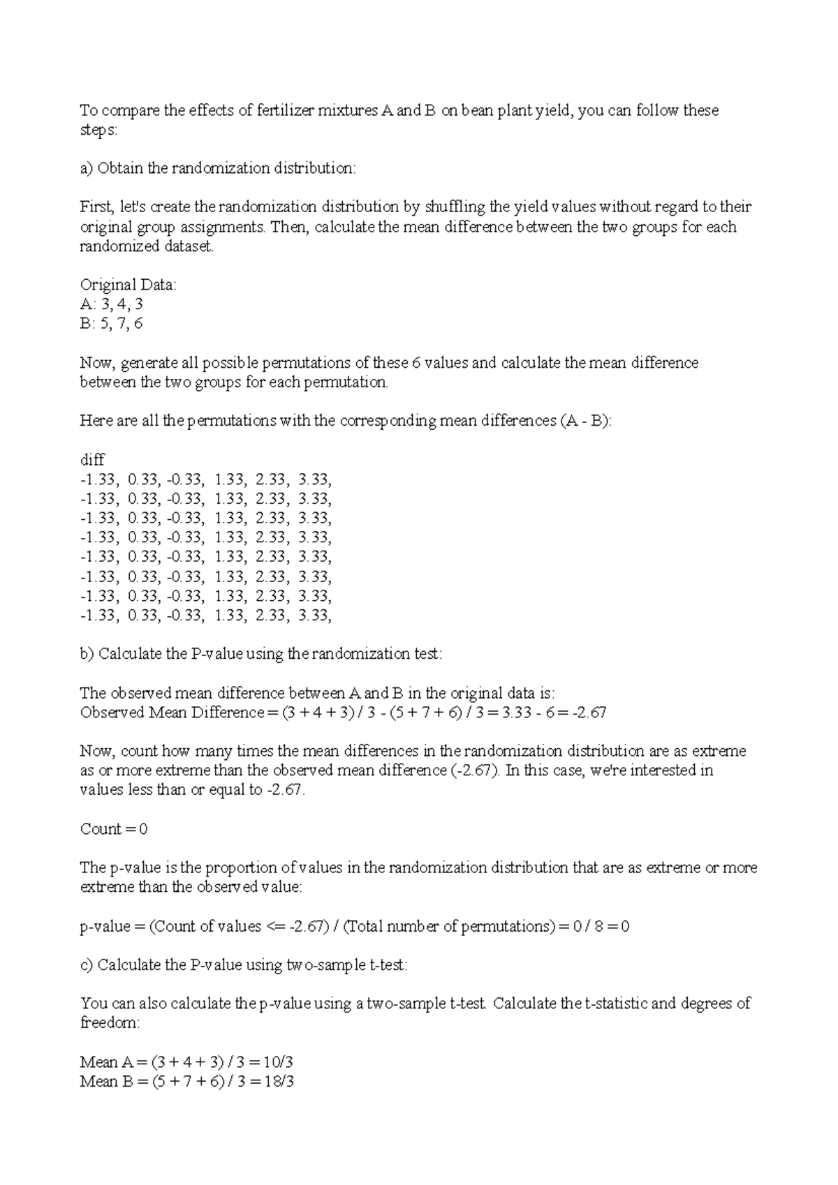 Stat514 Hw1 Solutions To Compare The Effects Of Fertilizer Mixtures A And B On Bean Plant 