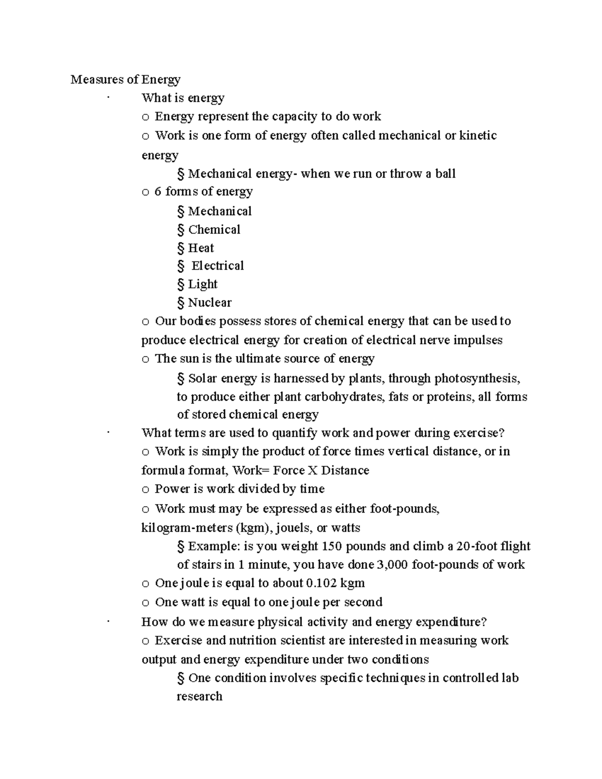 Nutrition chapter 3 notes- Measures of Energy - Measures of Energy ...