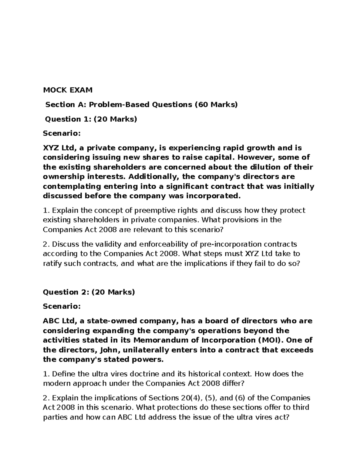 Business Entities MOCK Practice - MOCK EXAM Section A: Problem-Based ...