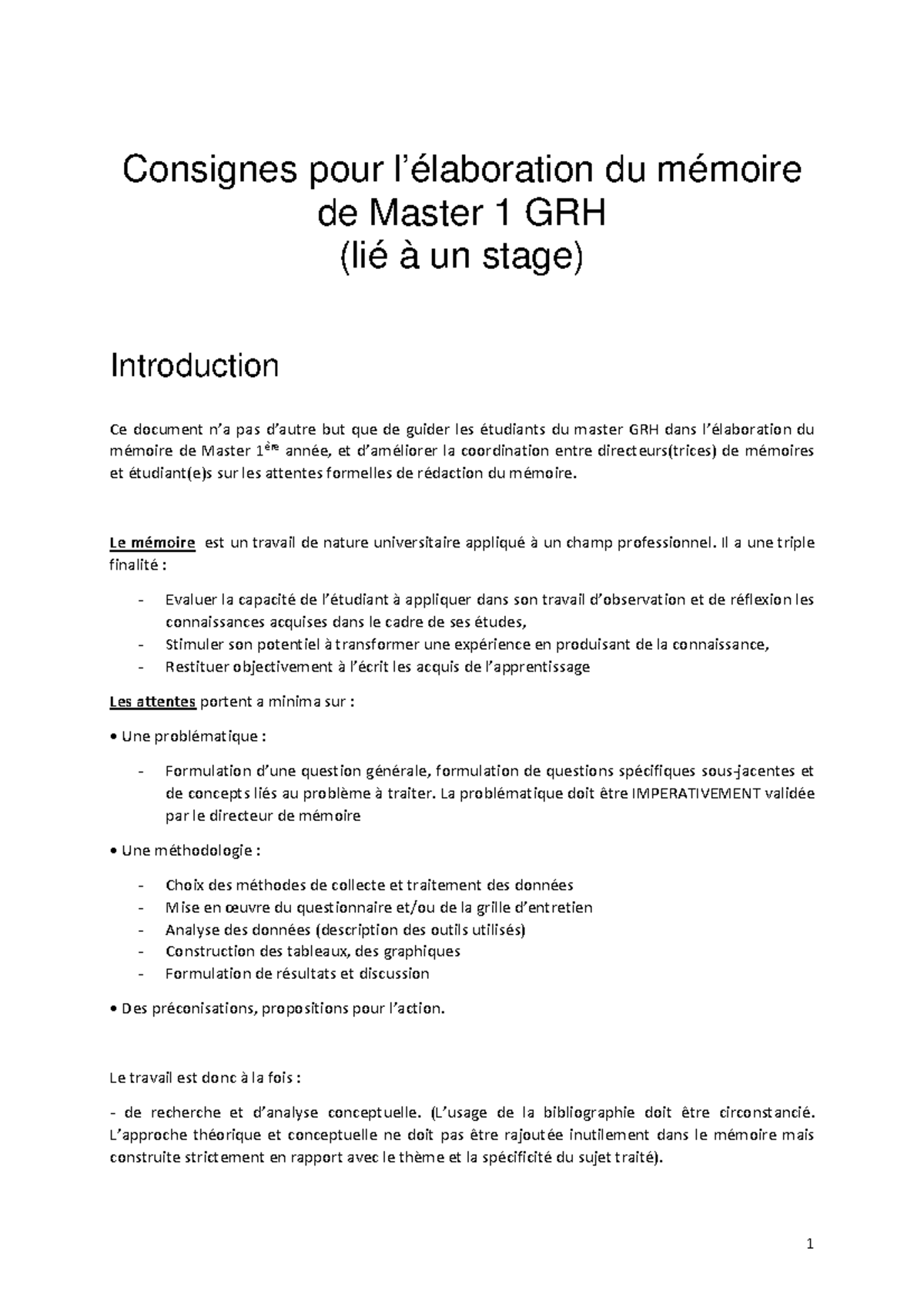 Guide memoire M1 MRH - MRH - Consignes pour l’élaboration du mémoire de Master 1 GRH (lié à un ...