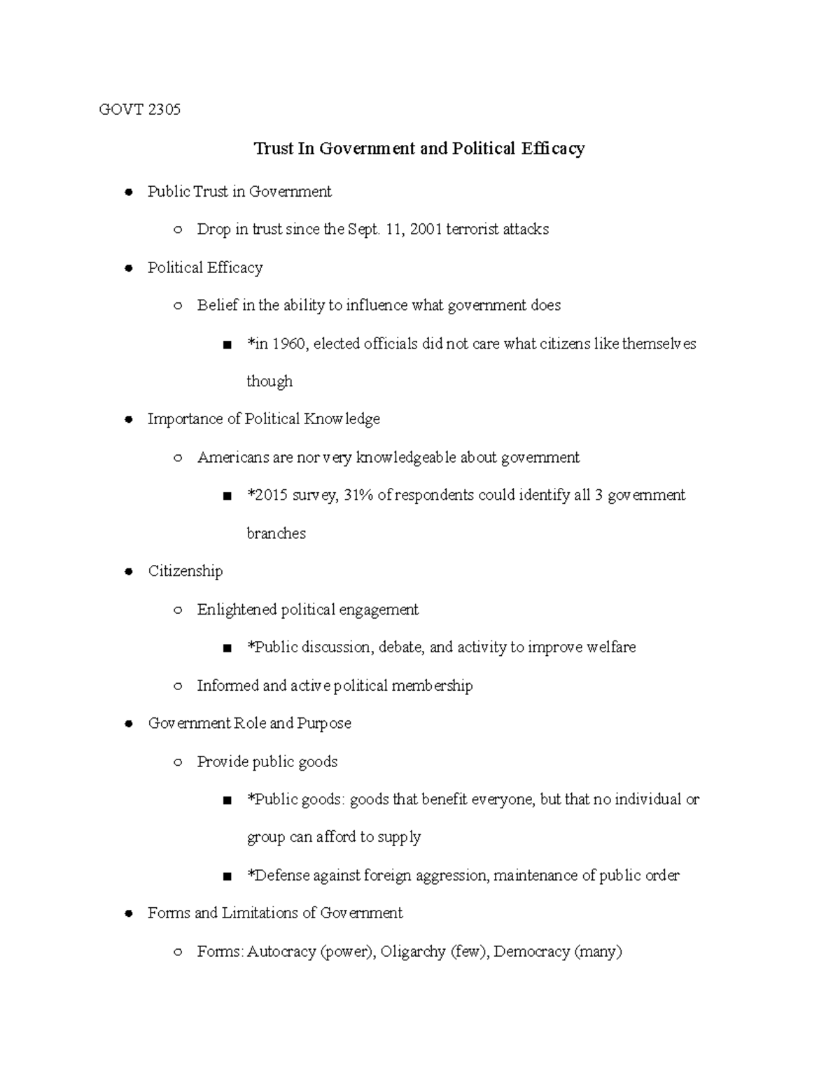 Trust in Government and Political Efficacy - GOVT 2305 Trust In ...