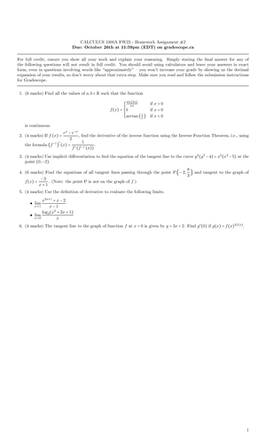 Calculus 1 third assignment 2023 - CALCULUS 1000A - Homework Assignment # Due: Nov 23rd at 11 ...