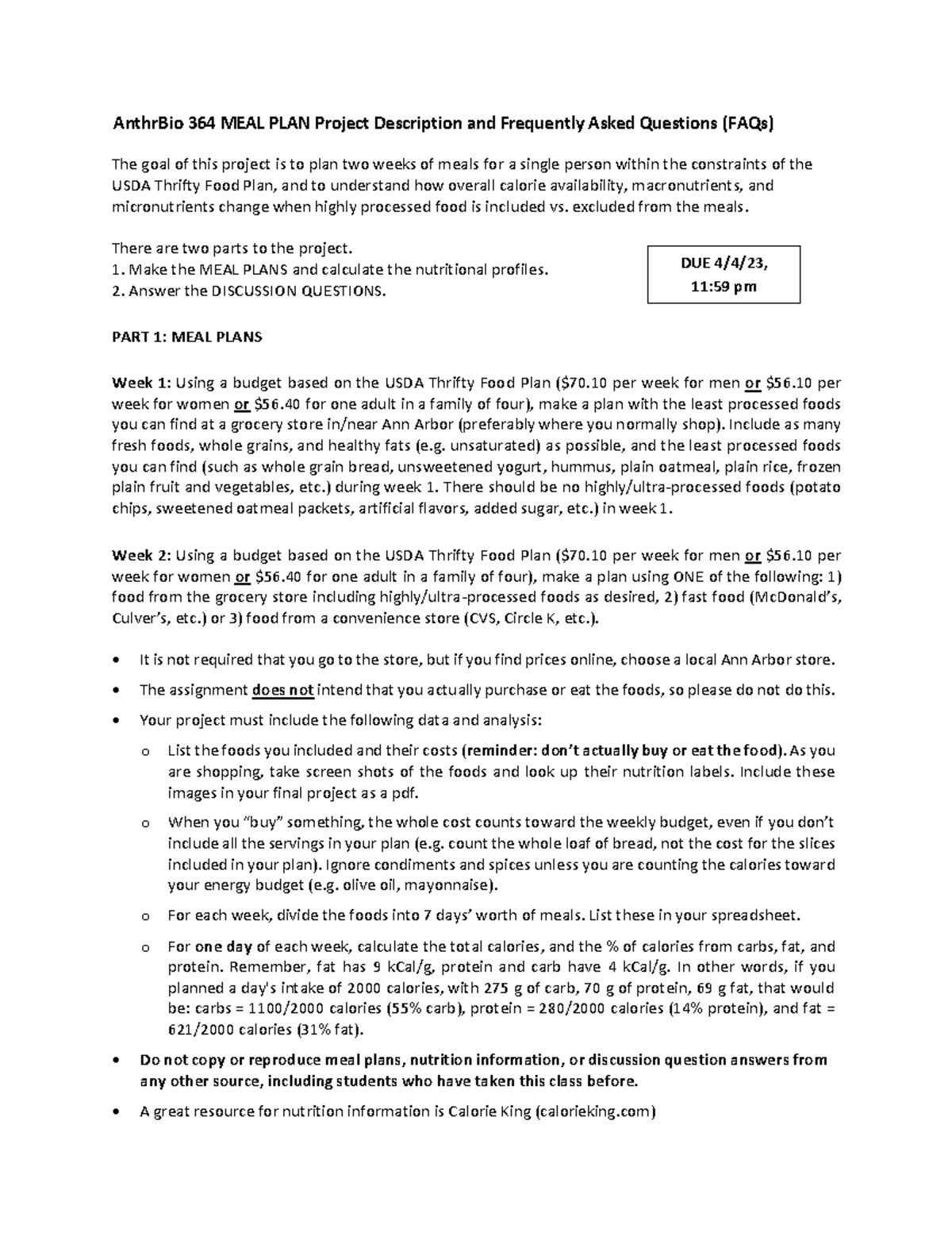 Anthr Bio 364 MEAL PLAN Project 2023 - excluded from the meals. There ...