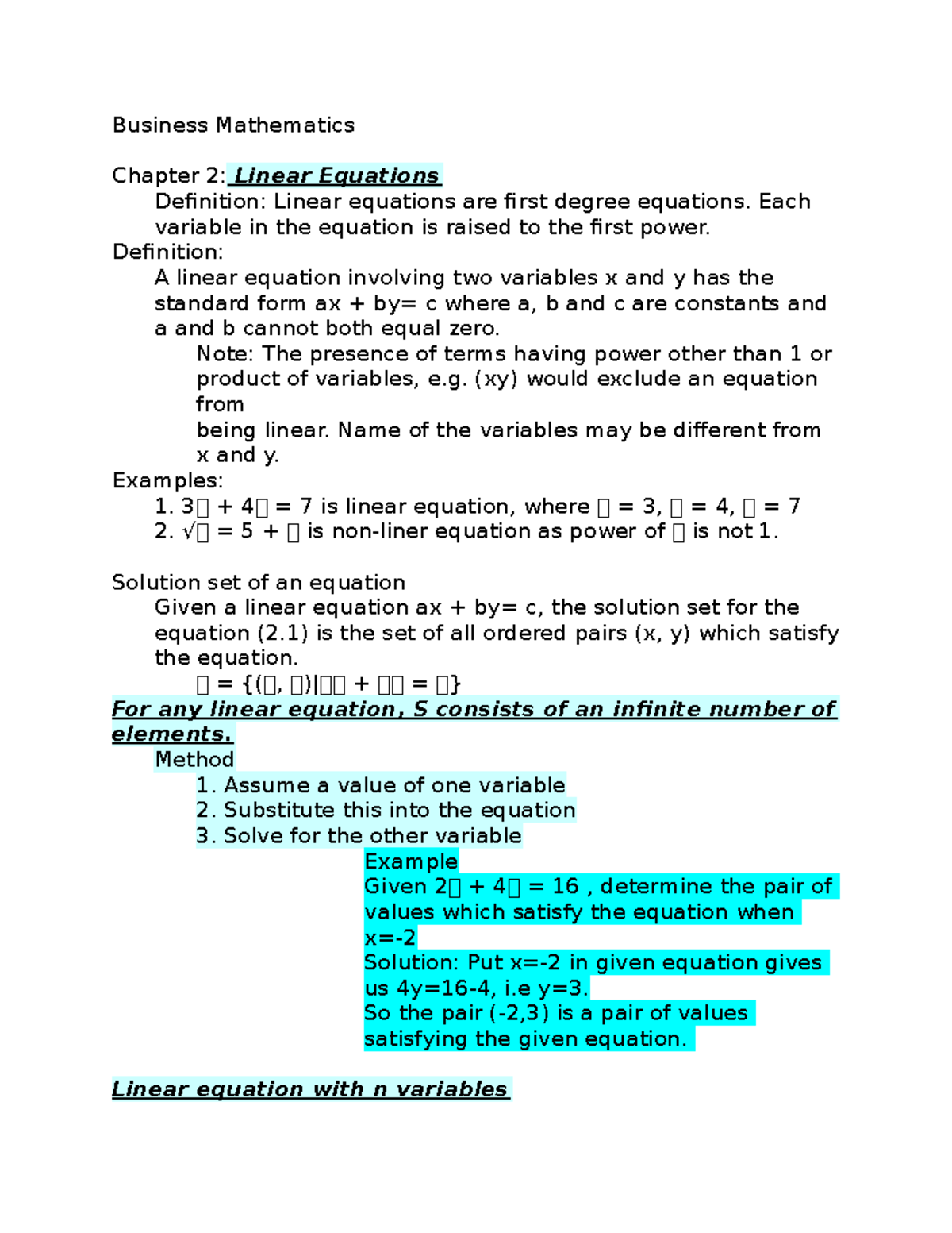 Buss math stat - math - Business Mathematics Chapter 2: Linear ...