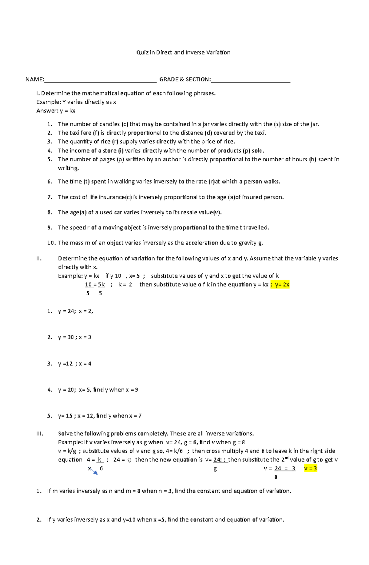 Quiz in direct variation - Quiz in Direct and Inverse Variation - Studocu