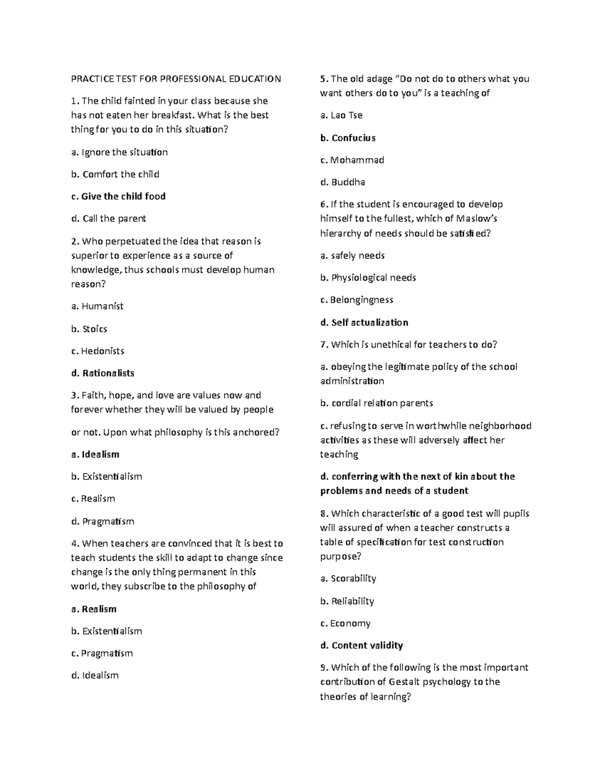 Profed 5 - Prof ED - PRACTICE TEST FOR PROFESSIONAL EDUCATION 1. The ...