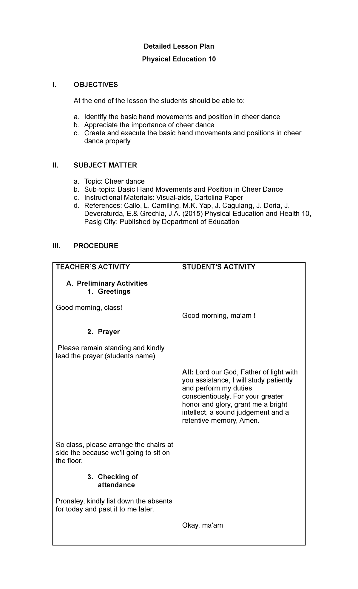 CAED4 - For dance - Detailed Lesson Plan Physical Education 10 I ...