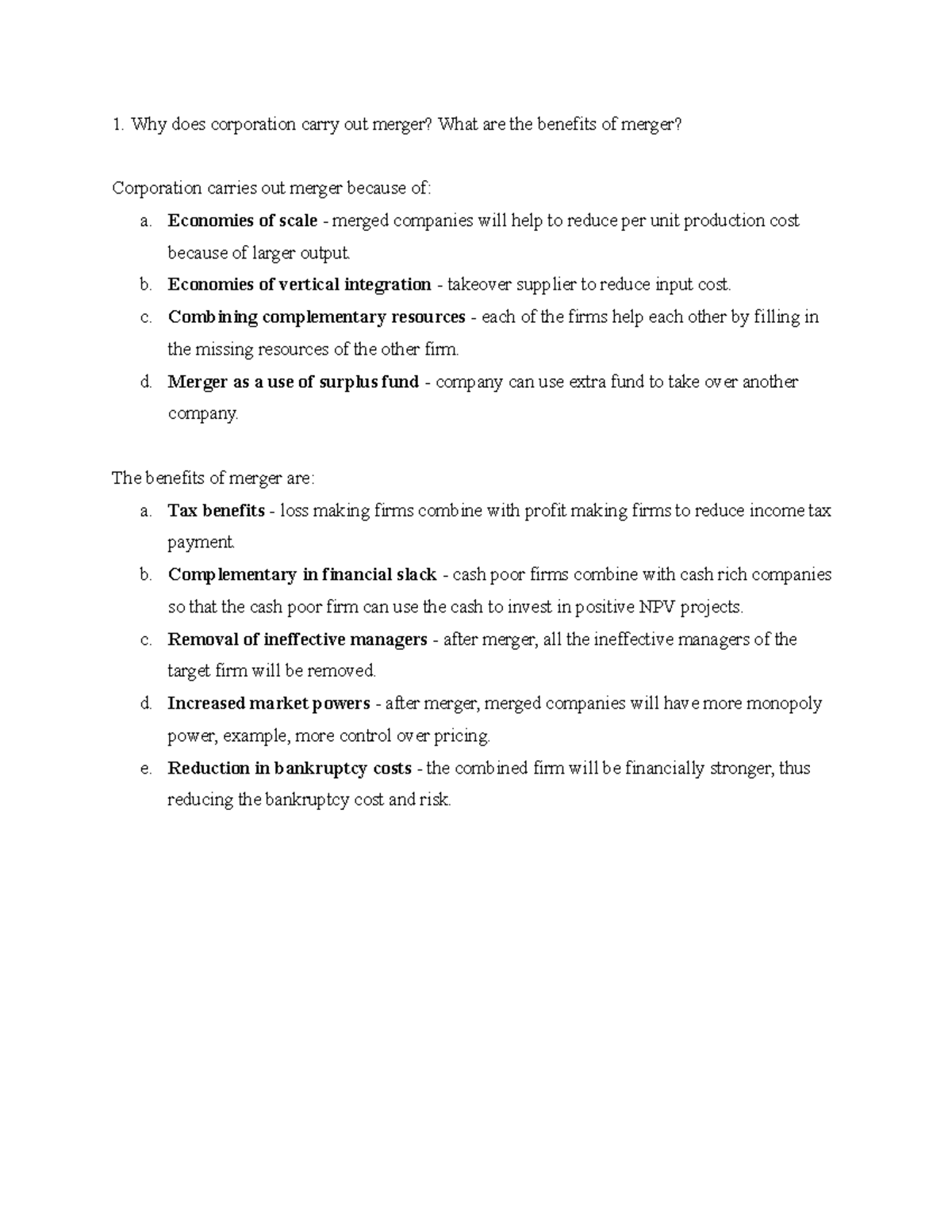 Tutorial 10 - 153451 - Why does corporation carry out merger? What are ...
