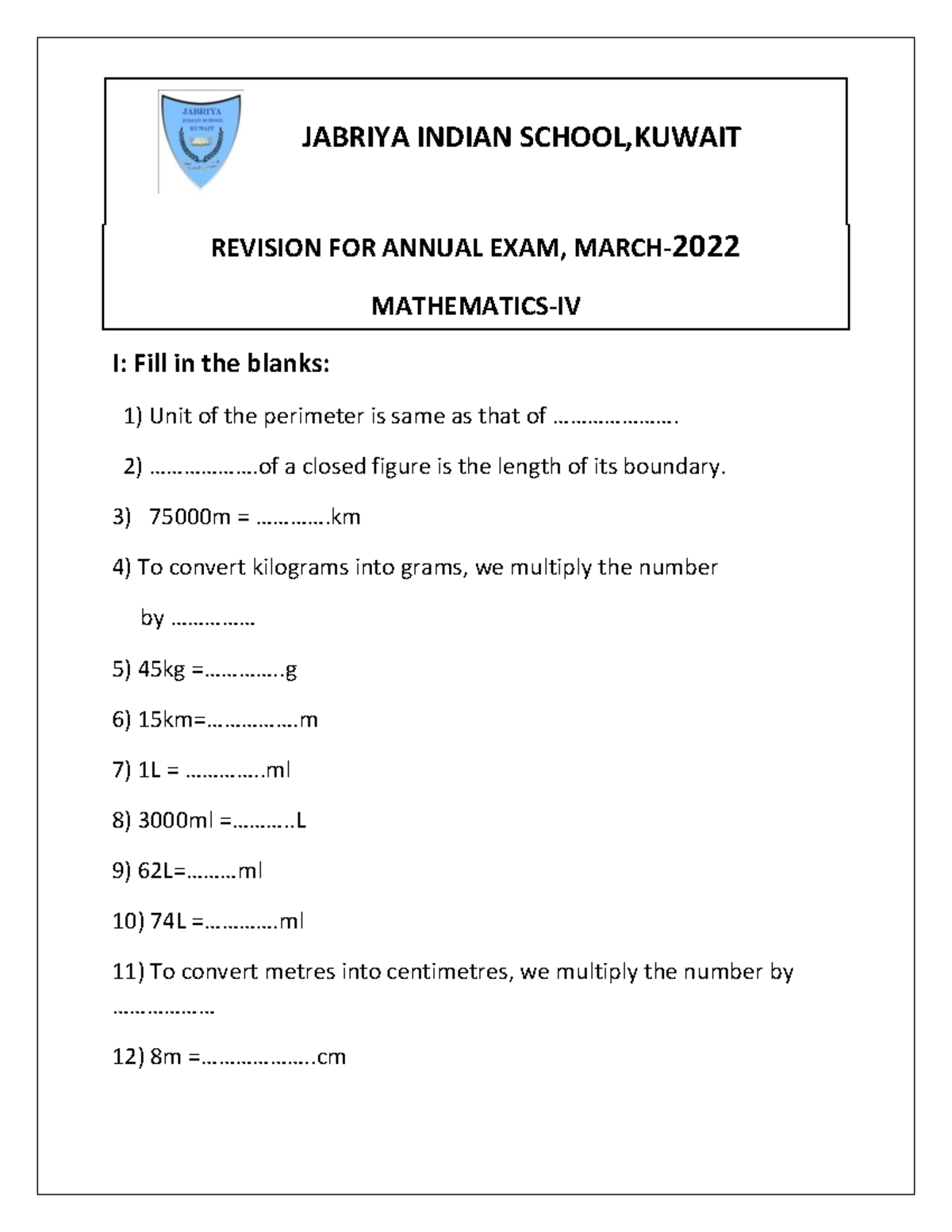 Annual mathematics revision questions - REVISION FOR ANNUAL EXAM, MARCH ...