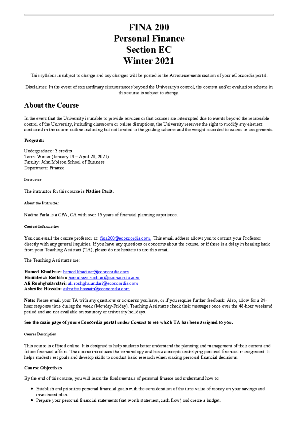 E Concordia - Personal Finance - Course Outline - FINA 200 Personal ...