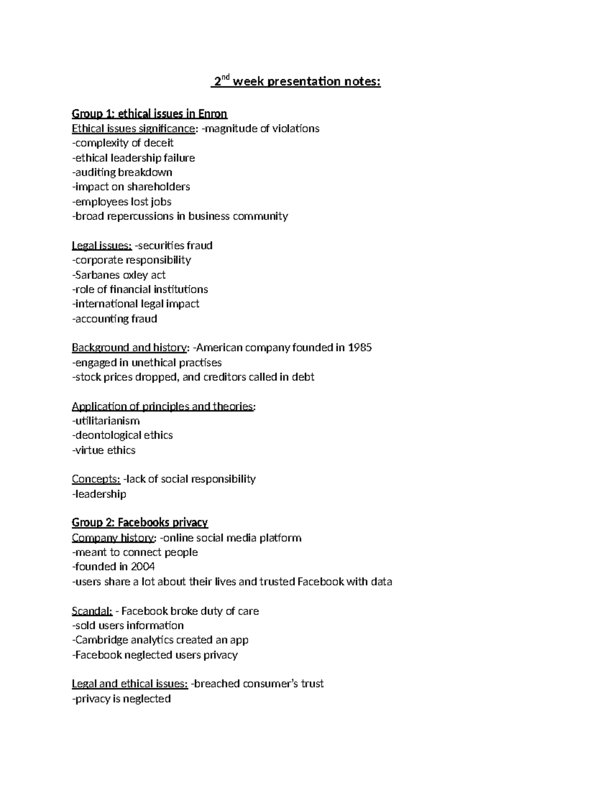 2nd week presentation notes - 2 nd week presentation notes: Group 1 ...