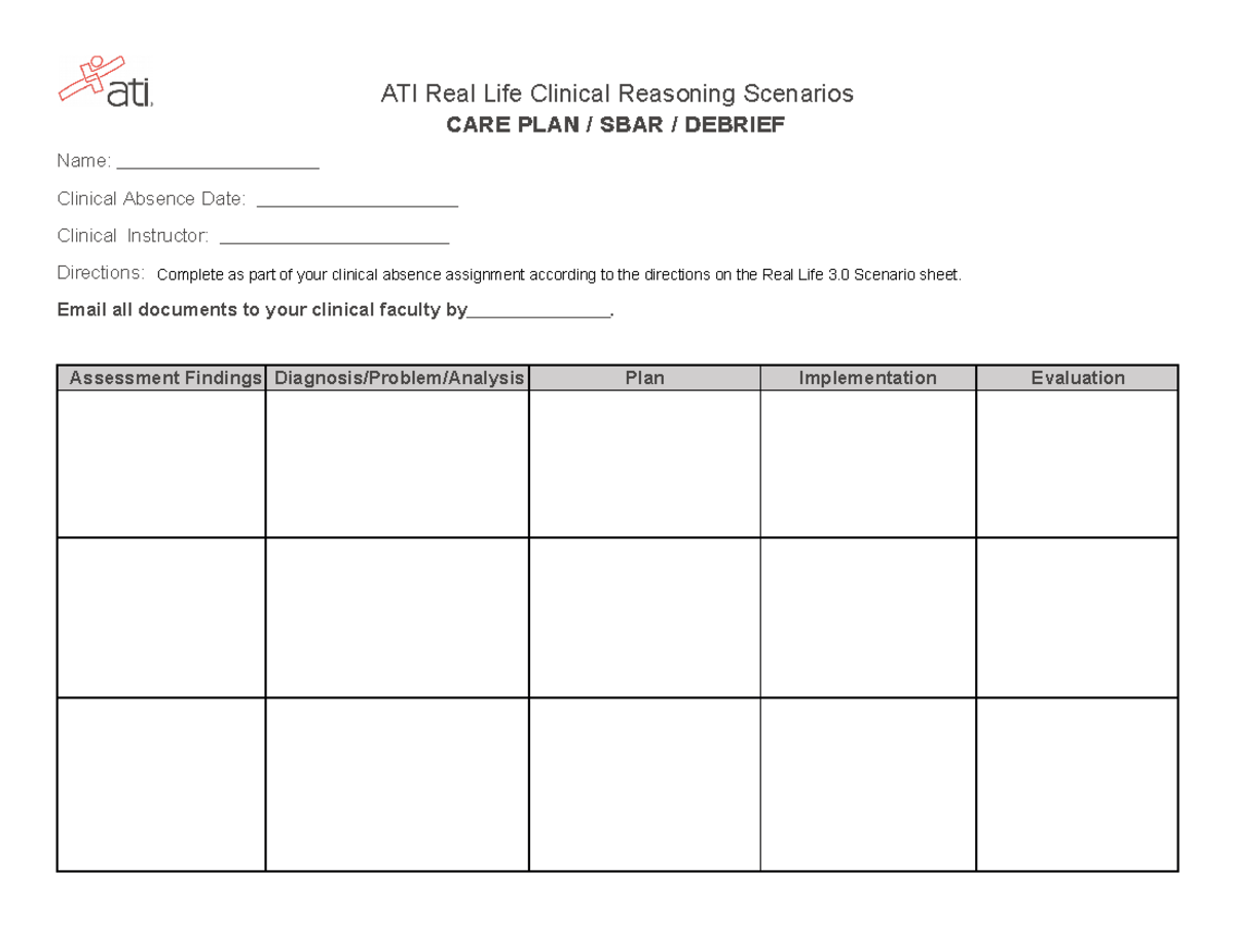 Real Life Clinical Care Plan SBAR Debrief - Name: ATI Real Life ...