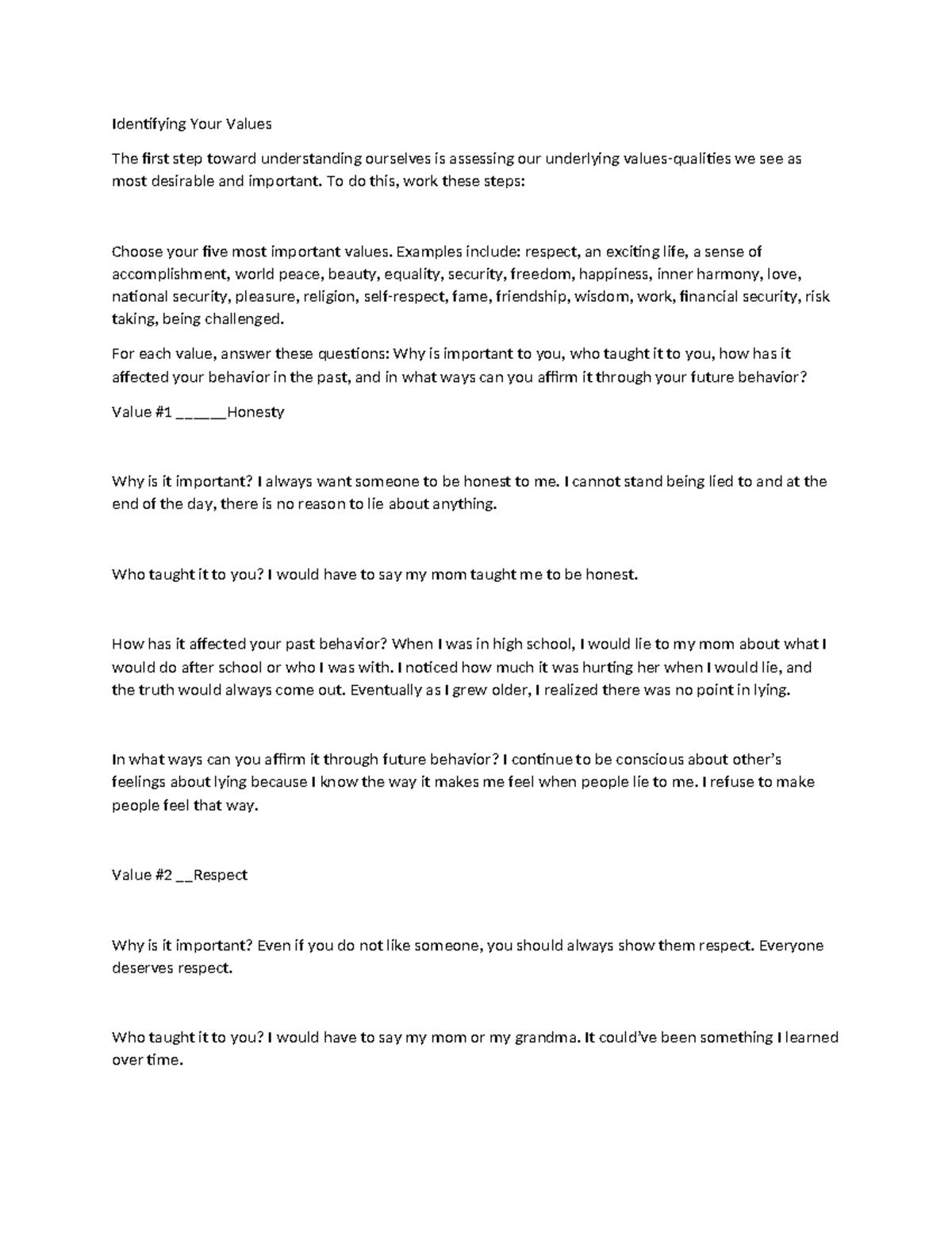 College Success - class assignment - Identifying Your Values The first ... College Success - class assignment - Identifying Your Values The first ...
