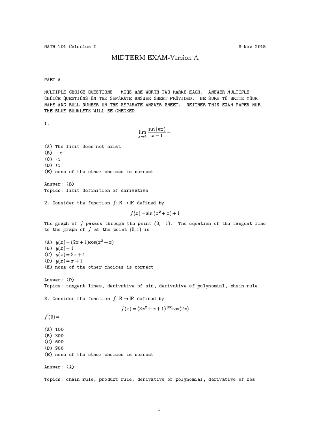 2015 cal1 solved Mid - MATH 101 Calculus I 9 Nov 2015 MIDTERM EXAM ...