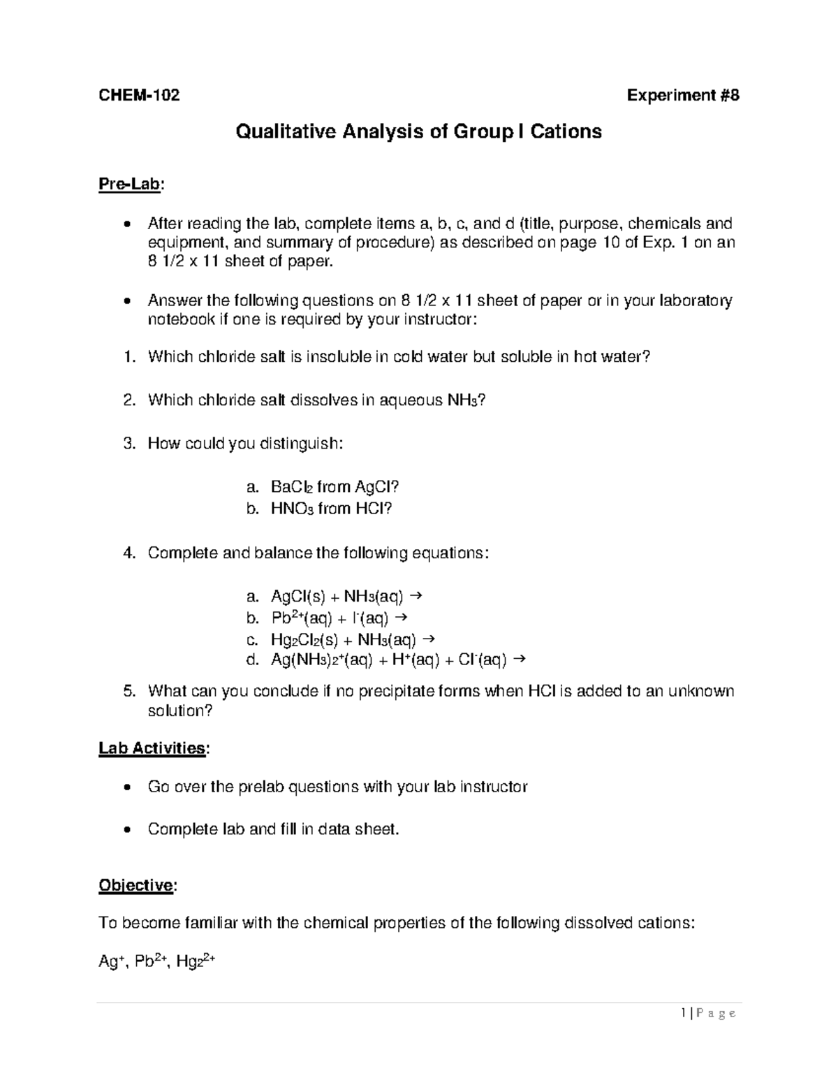 Exp 8 Qualitative Analysis of Group I Cations - CHEM- 102 Experiment ...