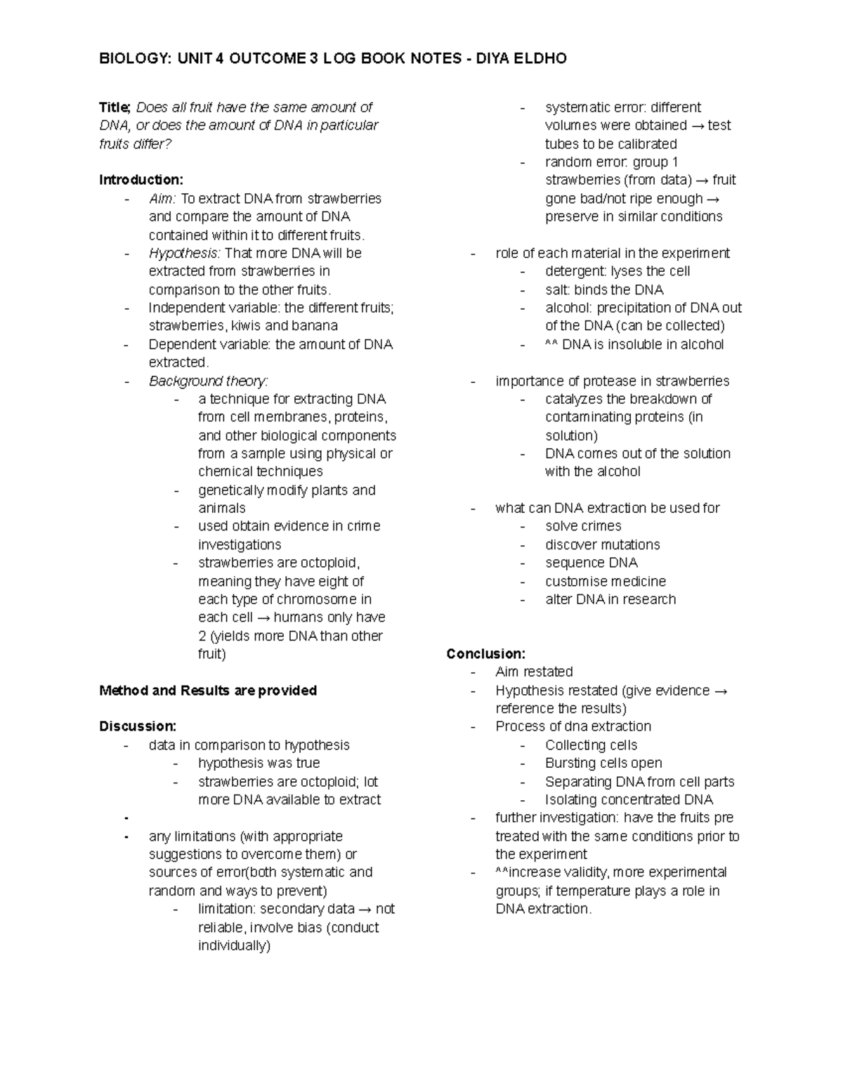 Lab report - logbook page - BIOLOGY: UNIT 4 OUTCOME 3 LOG BOOK NOTES ...