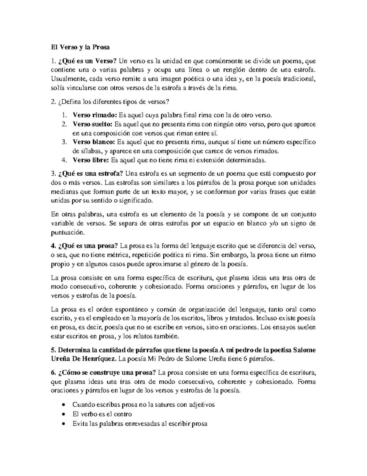 El Verso y la Prosa - El Verso y la Prosa ¿Qué es un Verso? Un verso es ...