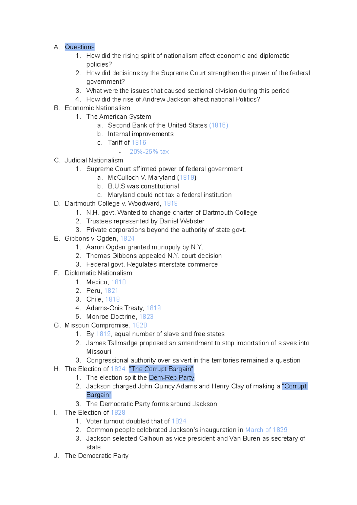 The Era of Good Feelings, 1815-1828 - A. Questions 1. How did the ...
