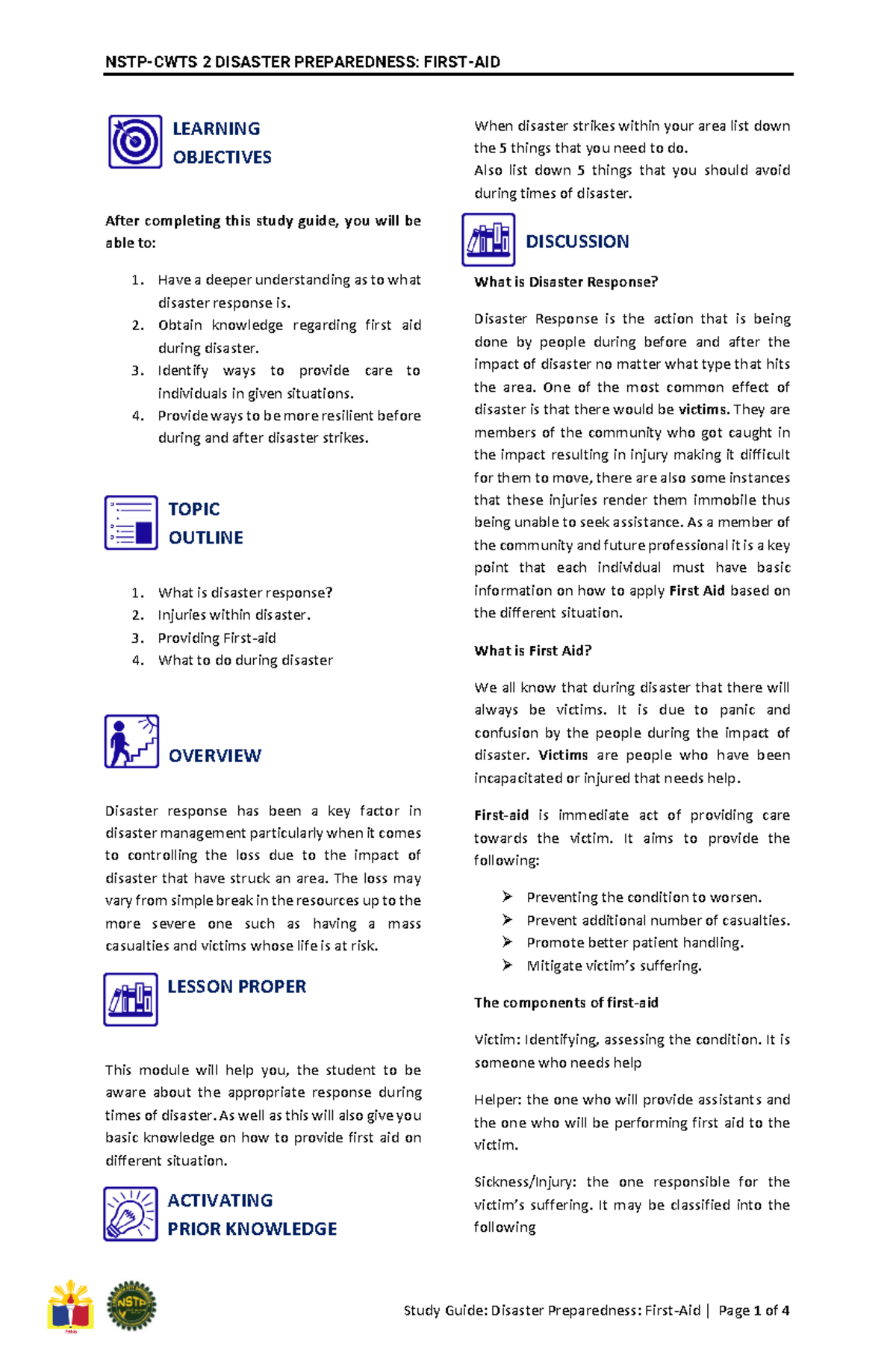 Disaster-Preparedness First-Aid-1 - LEARNING OBJECTIVES After ...