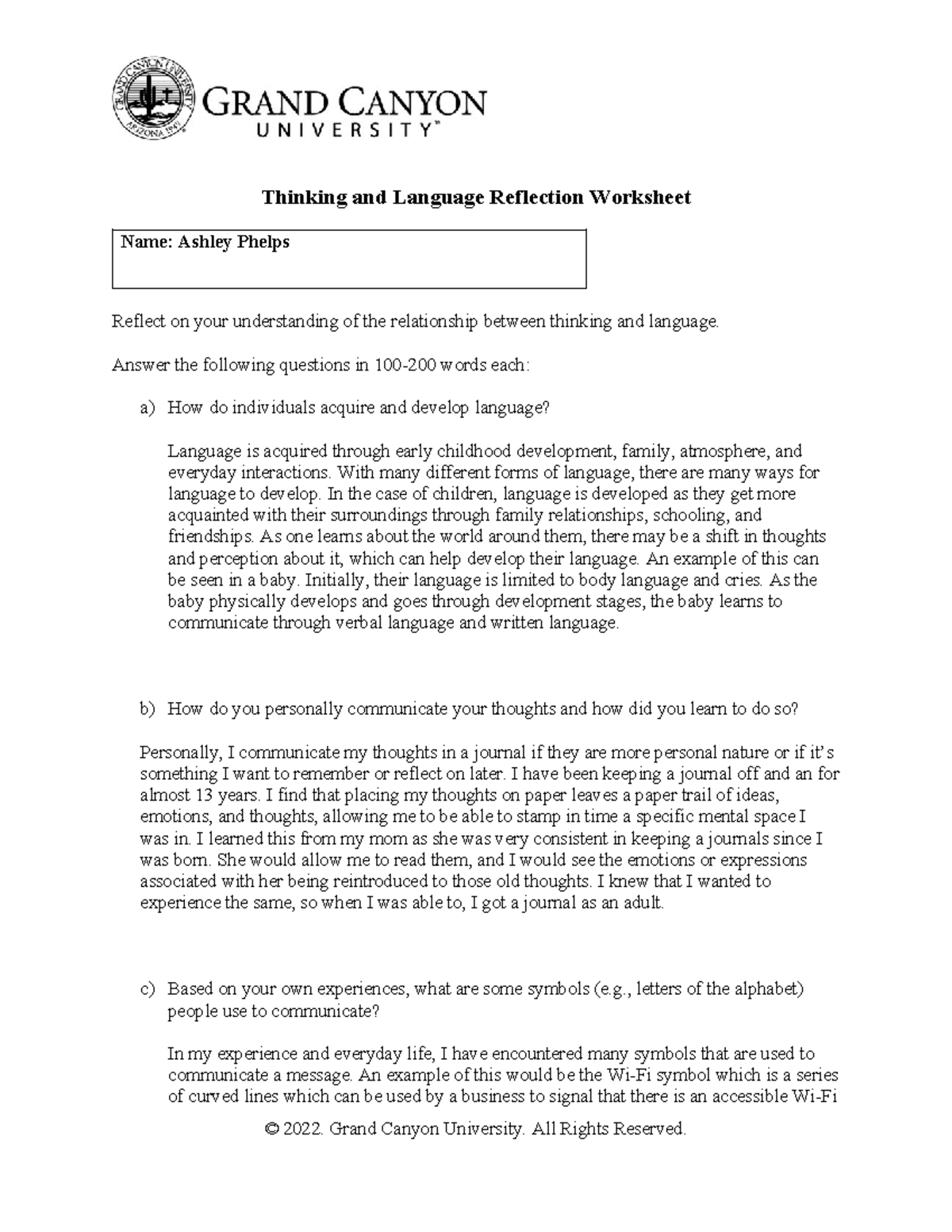 PHI105 - critical thinking worksheet - Thinking and Language Reflection ...