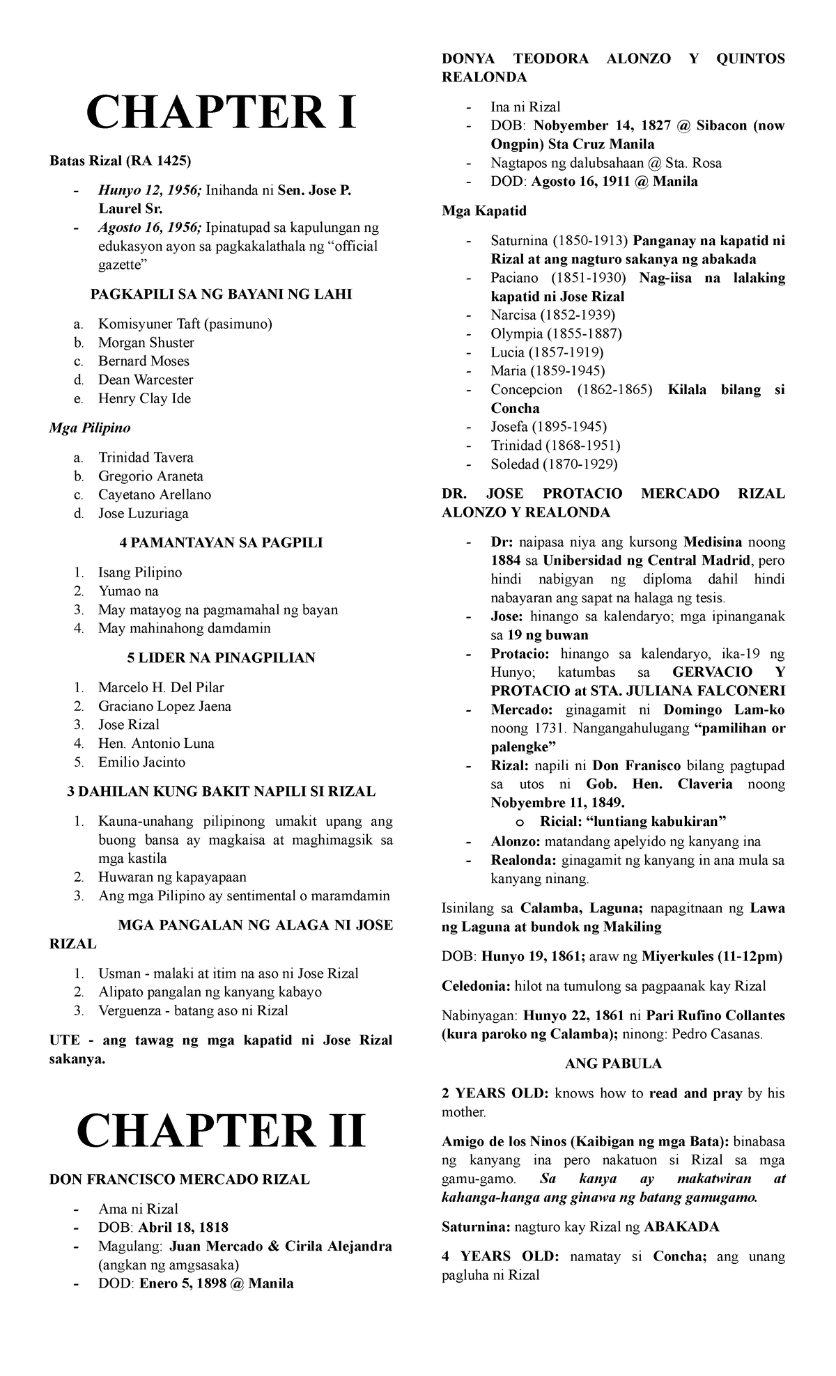 Rizal- Reviewer - CHAPTER I Batas Rizal (RA 1425) - Hunyo 12, 1956 ...