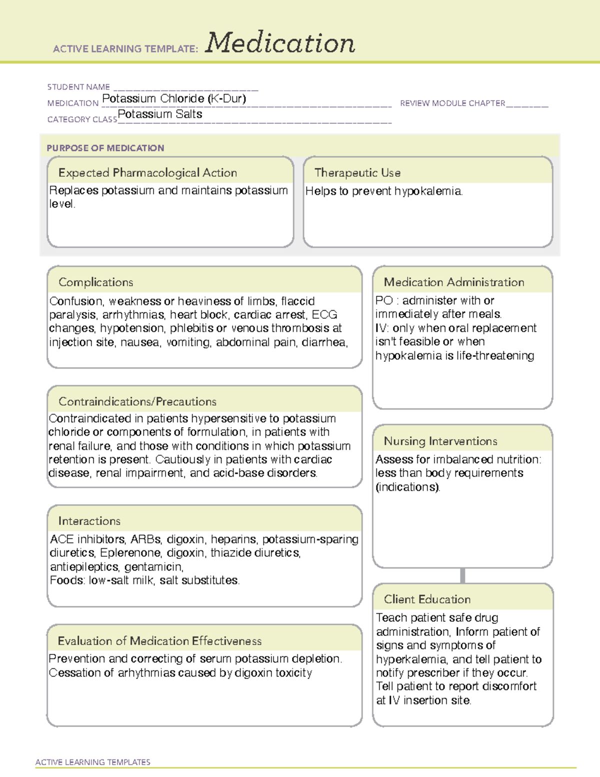Potassium Chloride Medication Review Template - ACTIVE LEARNING ...