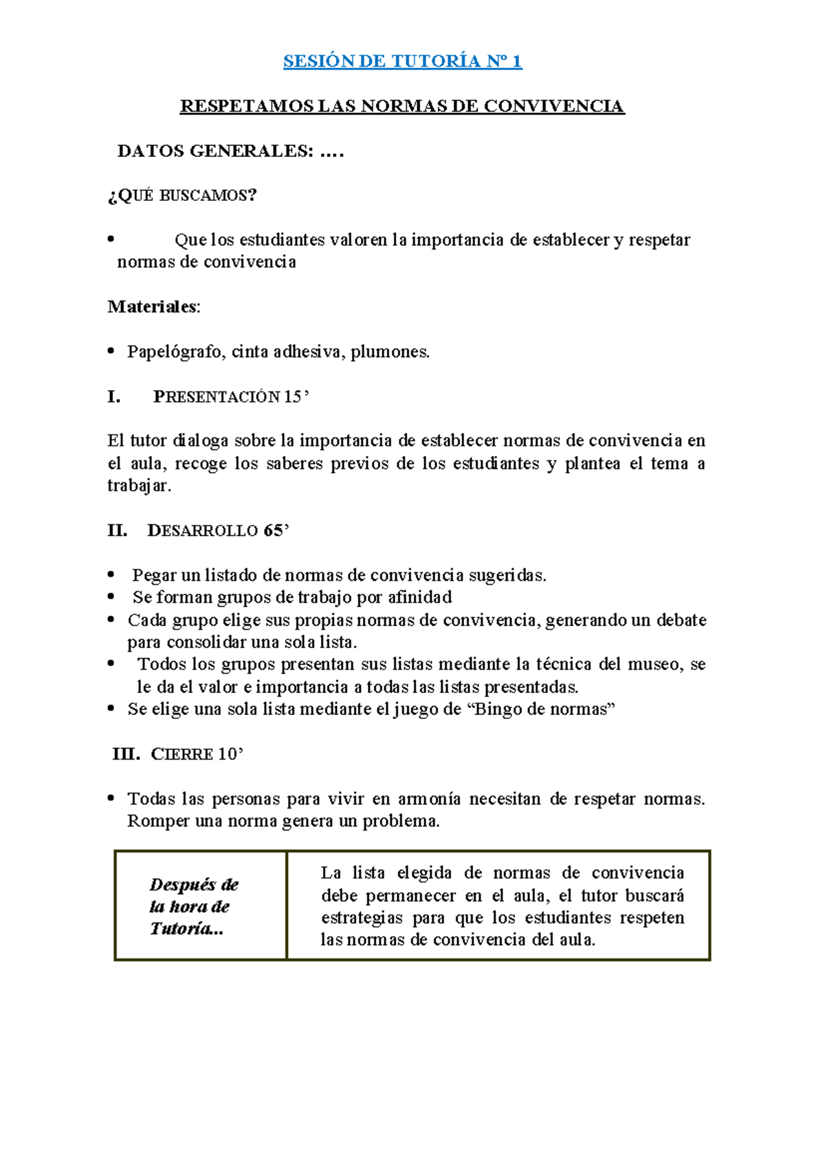 Sesión Normas DE CONV - COMO ES IMPORTANTE LA ASIGNATURA - SESIÓN DE TUTORÍA Nº 1 RESPETAMOS LAS ...