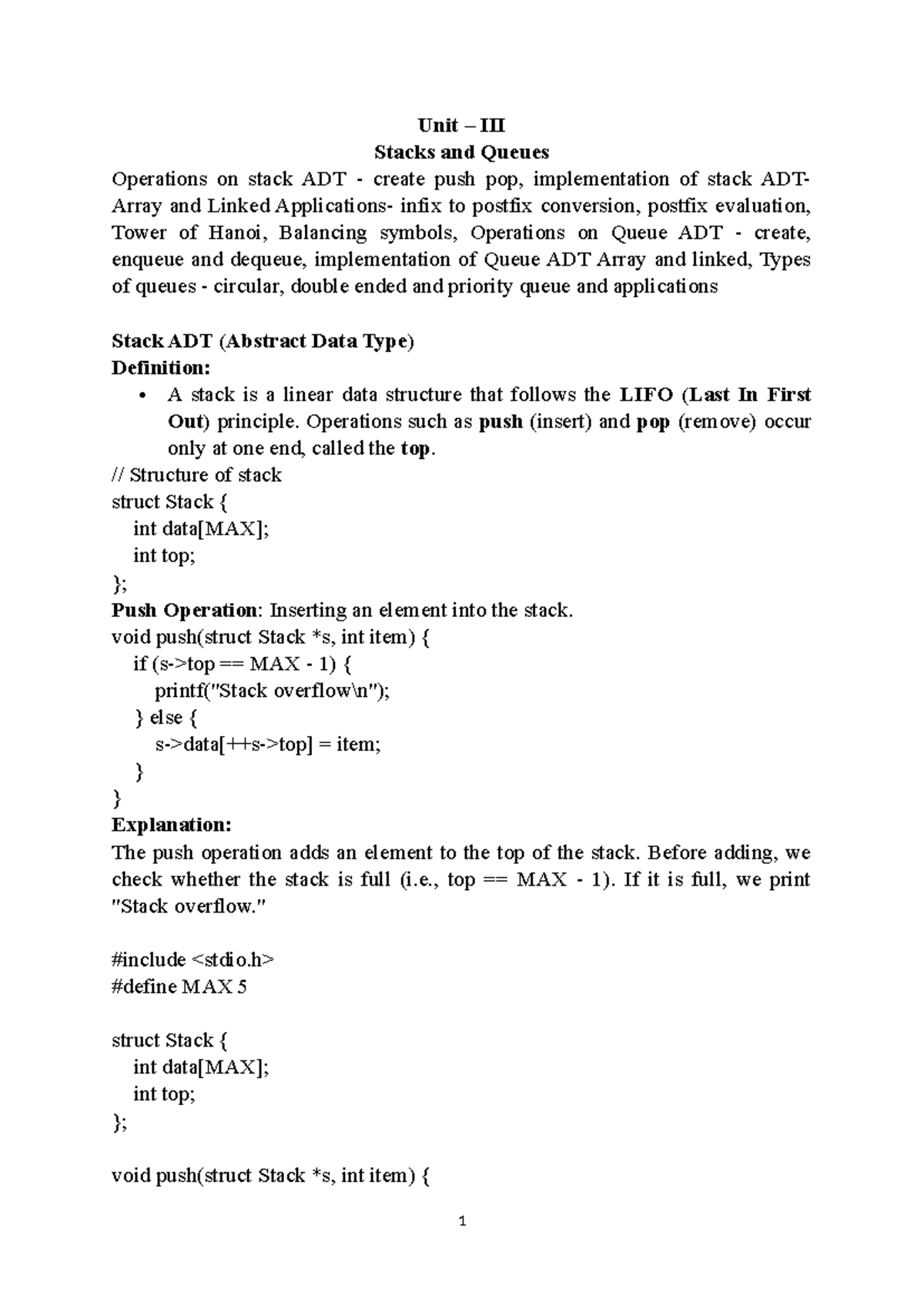 Unit - 3 - Short notes - Unit – III Stacks and Queues Operations on ...
