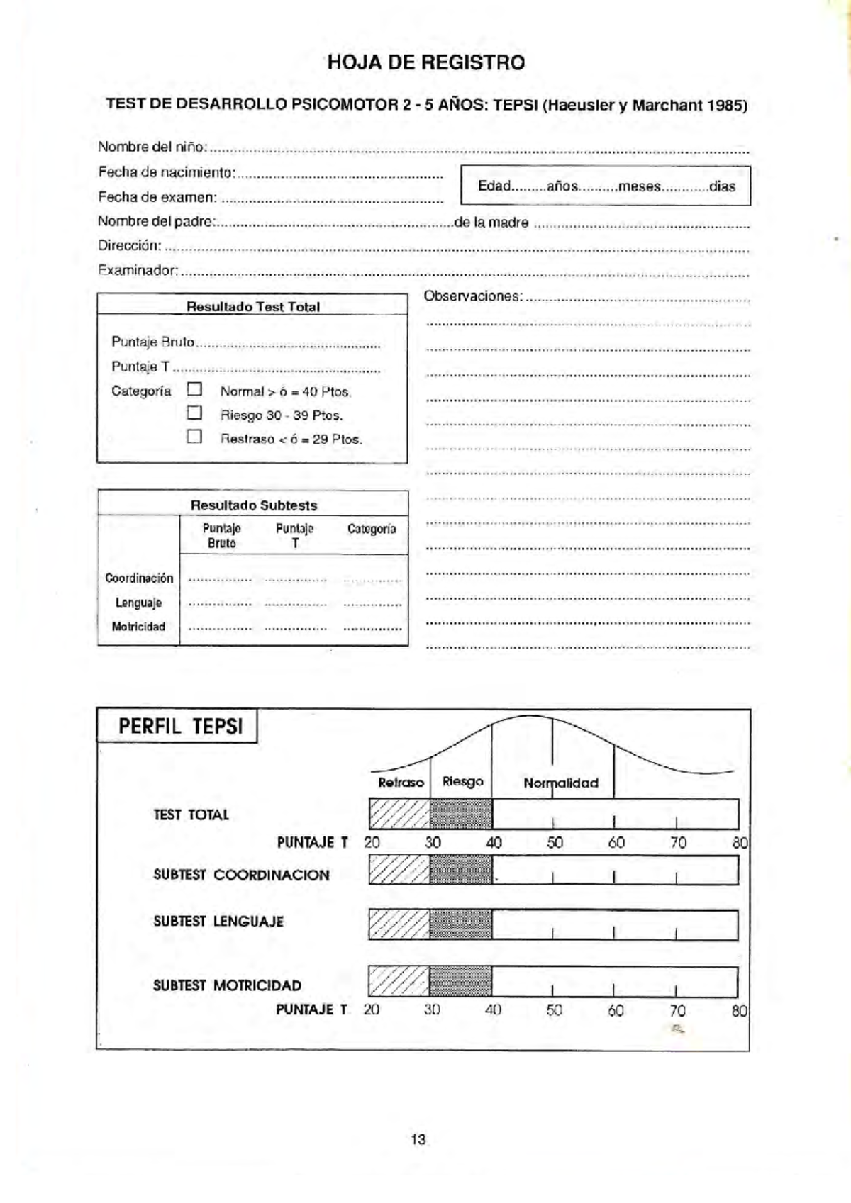Tepsi Test de desarrollo psicomotor - HOJA DE REGISTRO TEST DE ...