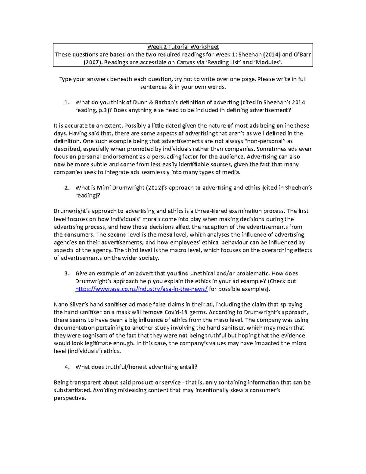 Comms 104 Week 2 Tutorial 1 Worksheet - Week 2 Tutorial Worksheet These quesons are based on the ...