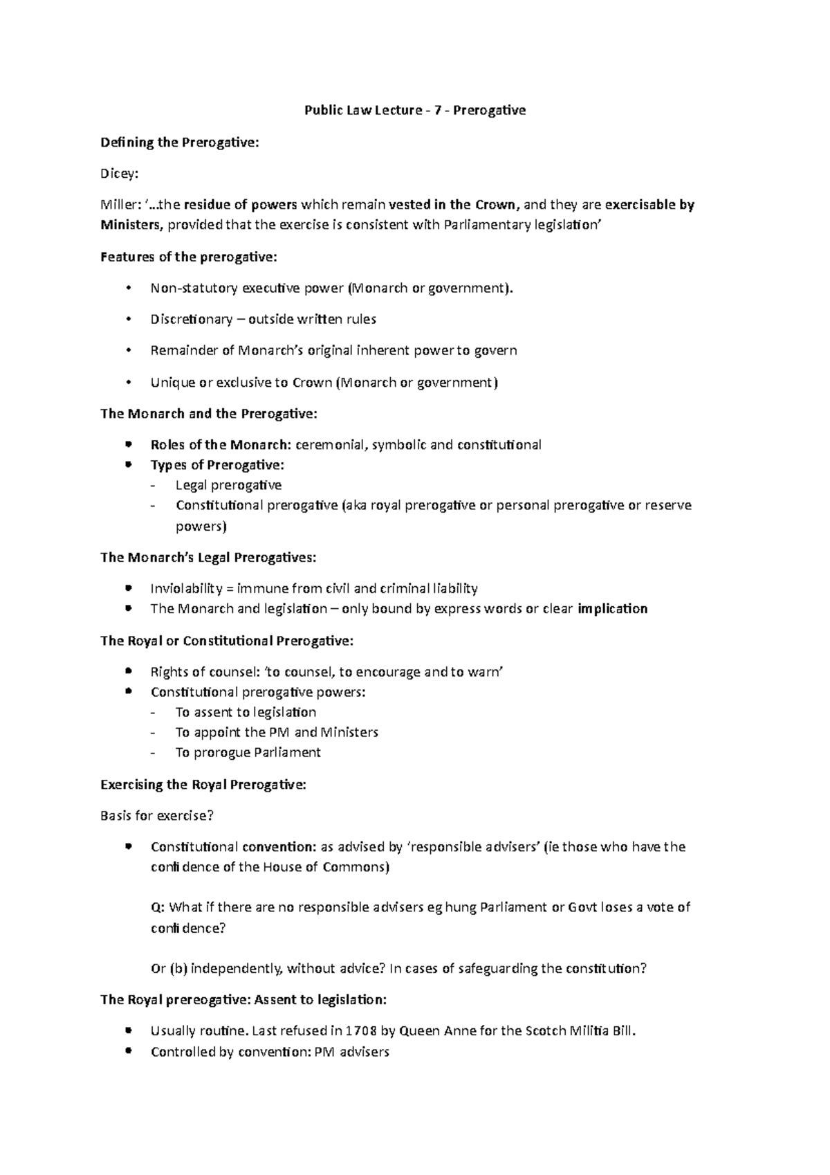 Public Law Lecture 7 - Prerogative - Public Law Lecture - 7 ...
