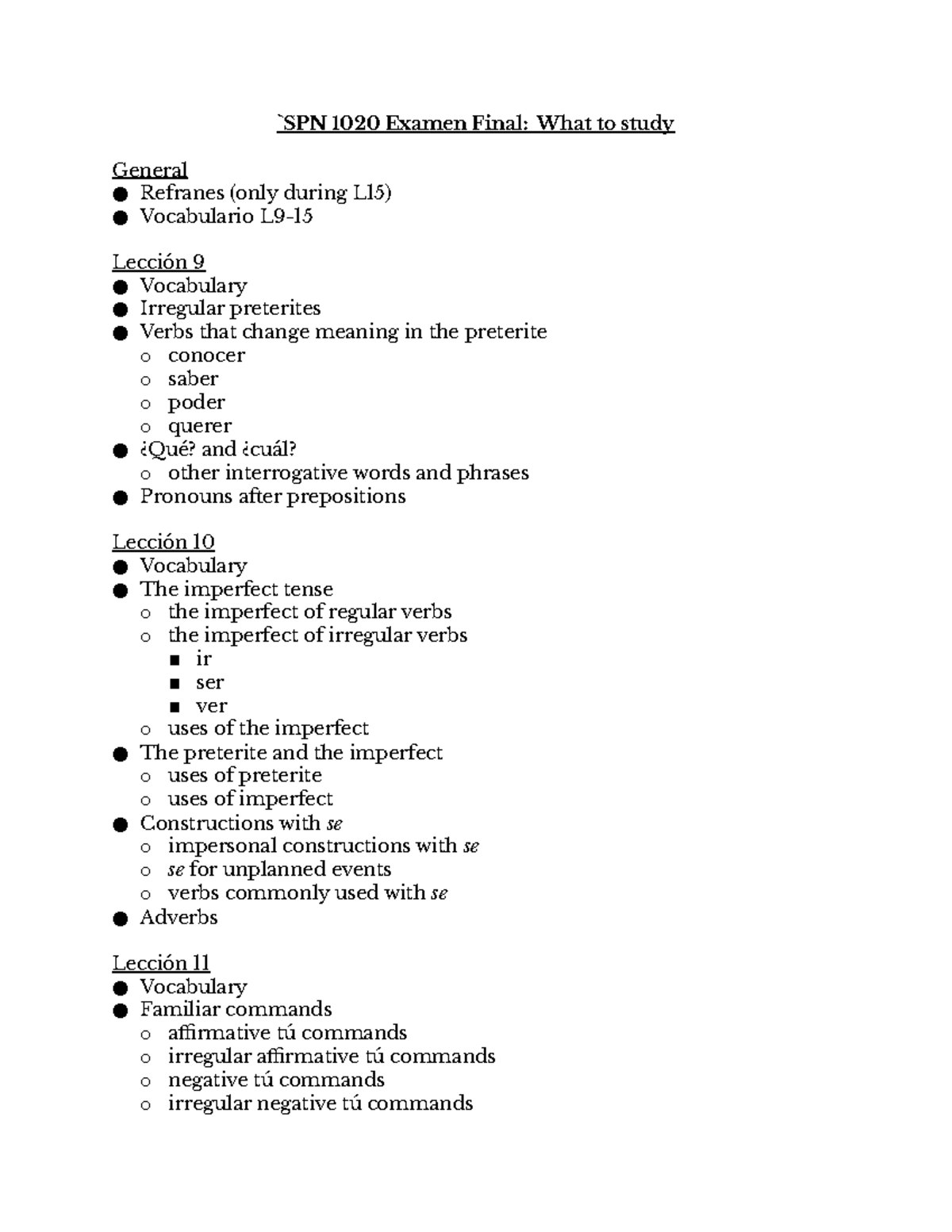 Examen final - What to Study - `SPN 10 2 0 Examen Final: What to study ...
