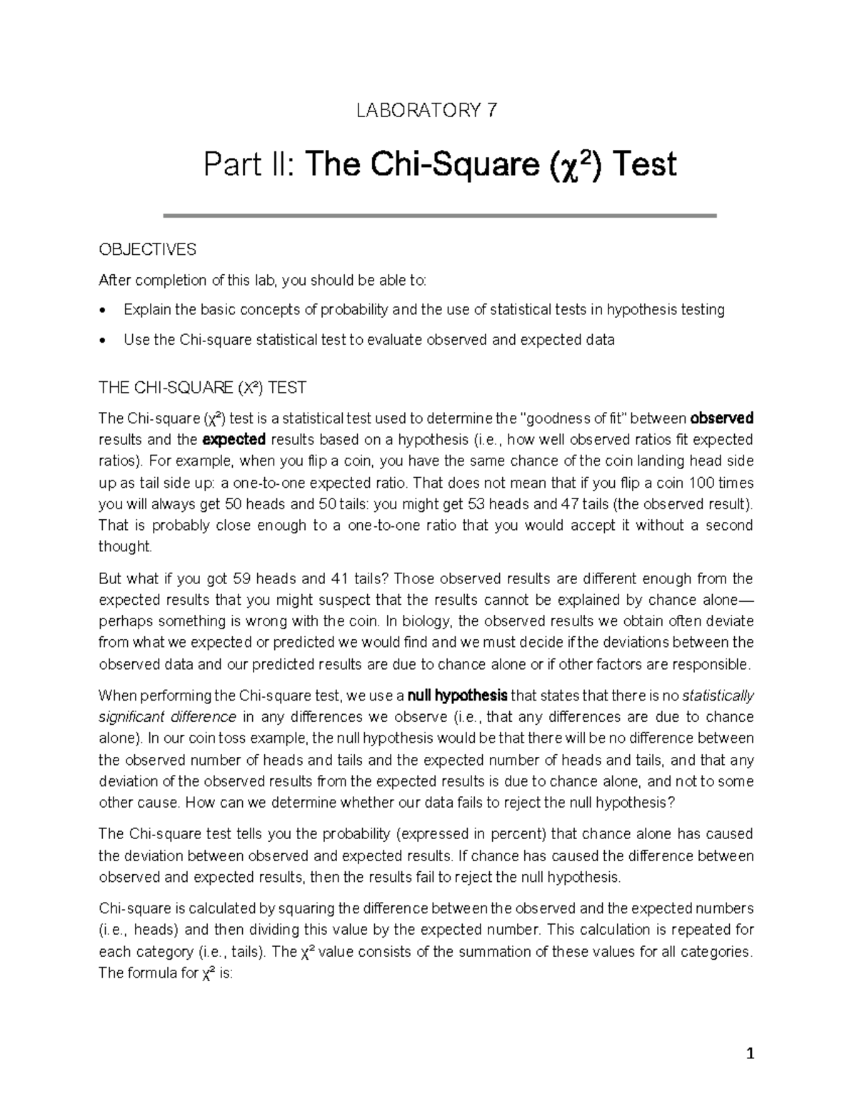 W24 Lab 7 Chi-square Test & Meiosis Manual - LABORATORY 7 Part II: The ...