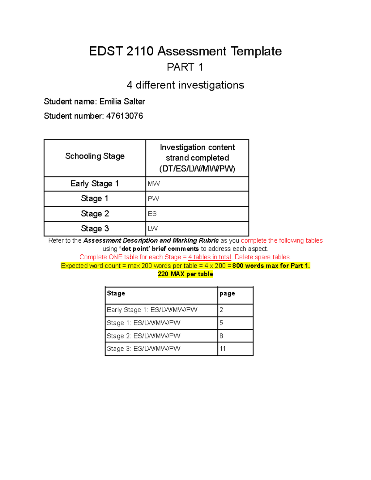 EDST2110 Assessment 1 - Part 1 & 2 - EDST 2110 Assessment Template PART ...