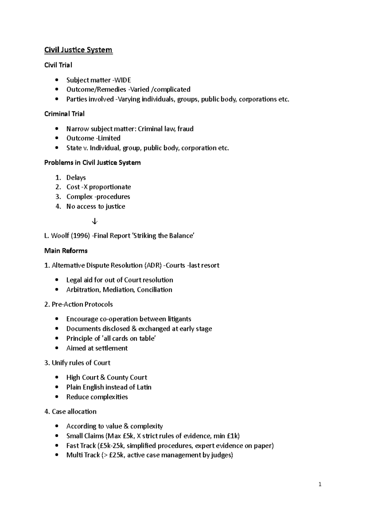 Civil Justice System Notes - Civil Justice System Civil Trial Subject ...