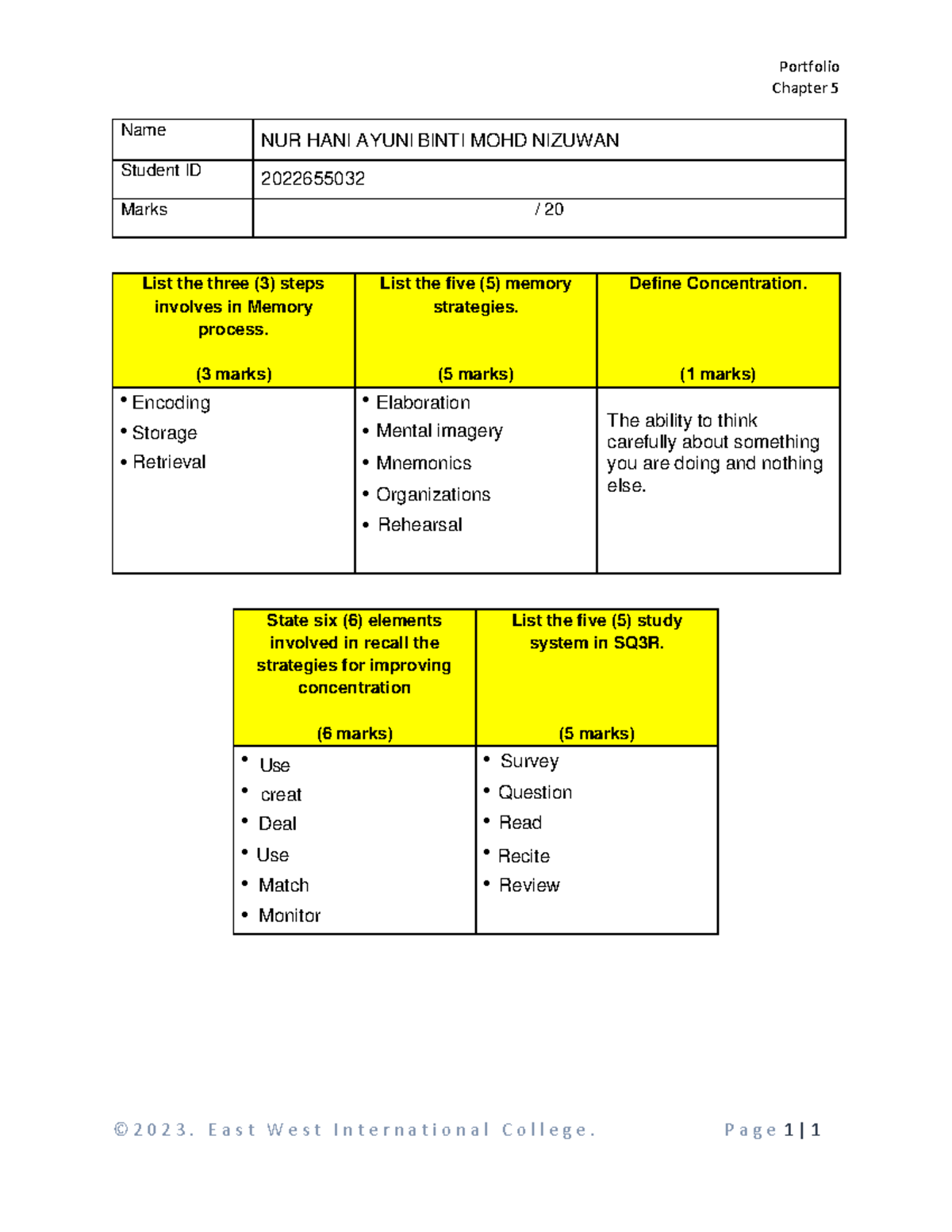 Chapter 5 - Memory, Learning and Improving concentration - Portfolio Chapter 5 © 2 0 2 3. E a s ...